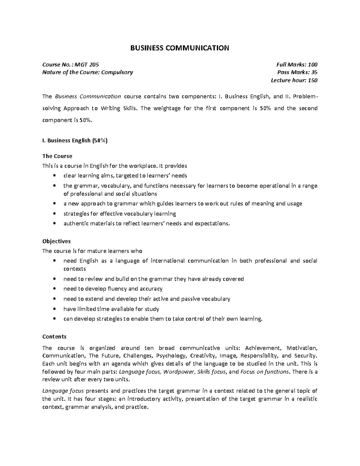 BBS MGT 205 Business Communication Syllabus & Model Questions - Studocu