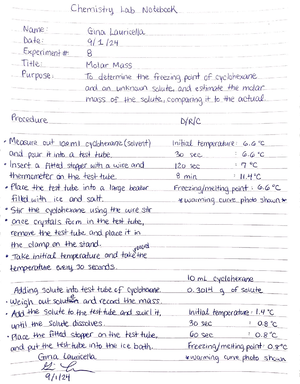 Lab Experiment 7 - I Chemistry Lab Notebook Name: Gina Lauricella Date ...