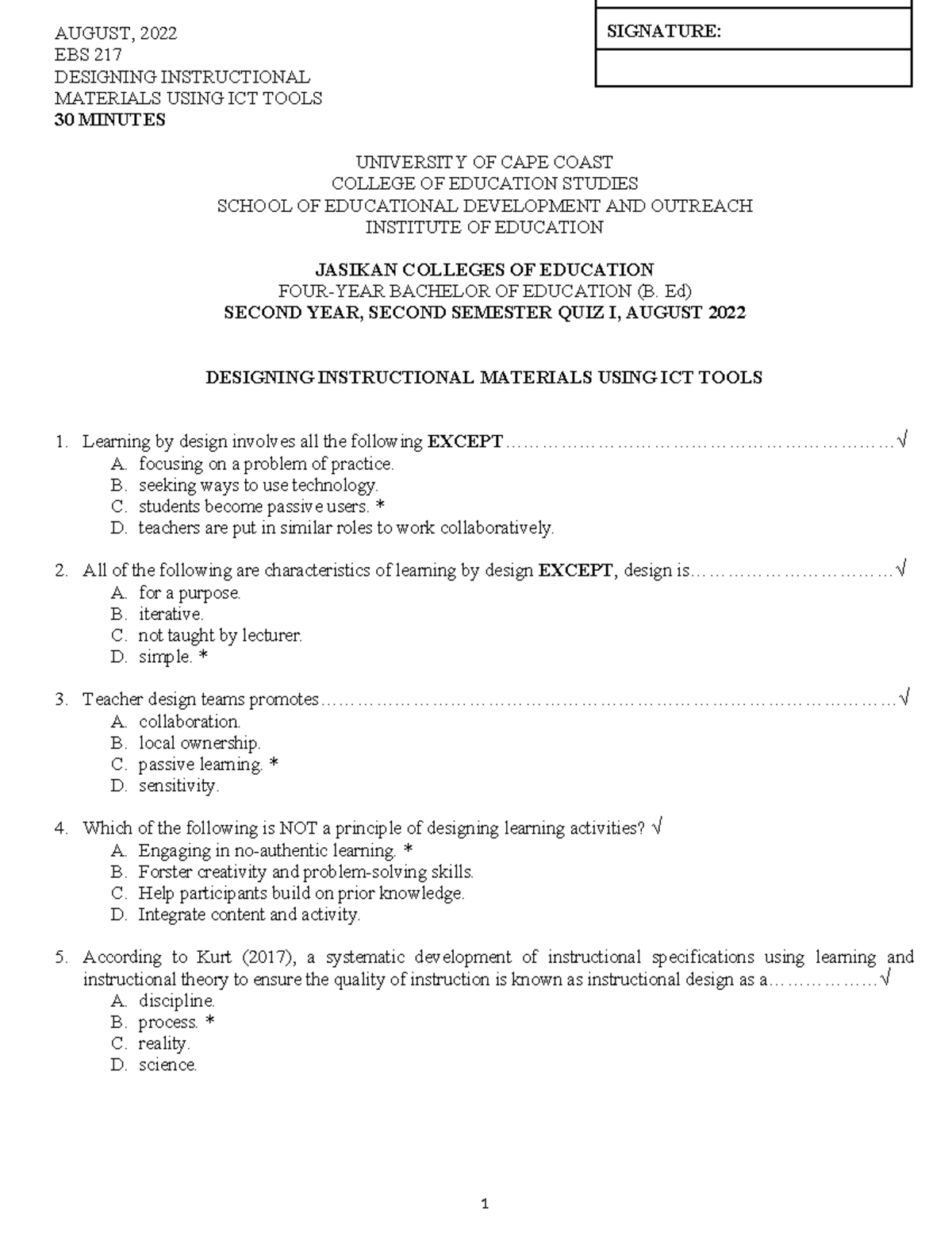 EBS 217 - Quiz I: Designing Instructional Materials Using ICT Tools ...