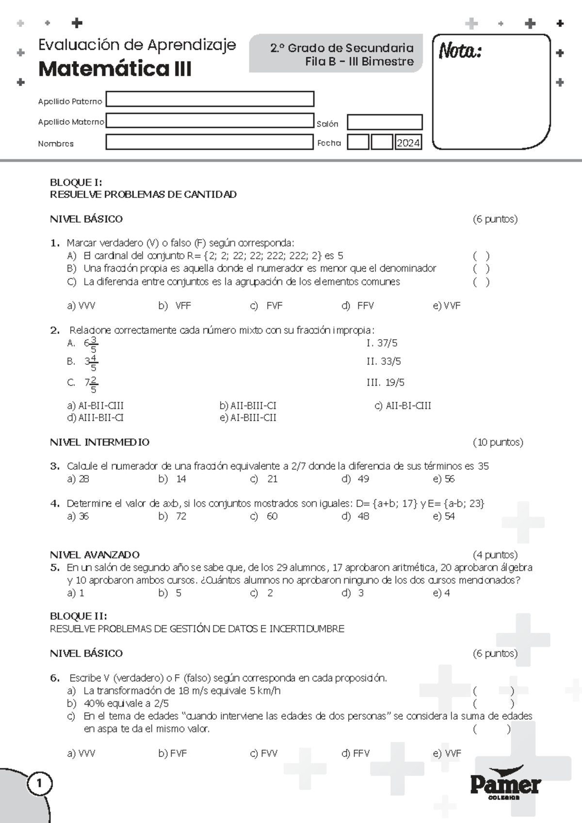 Evaluación de Aprendizaje Matemática III EDA S2 FILA B 2024 - Studocu