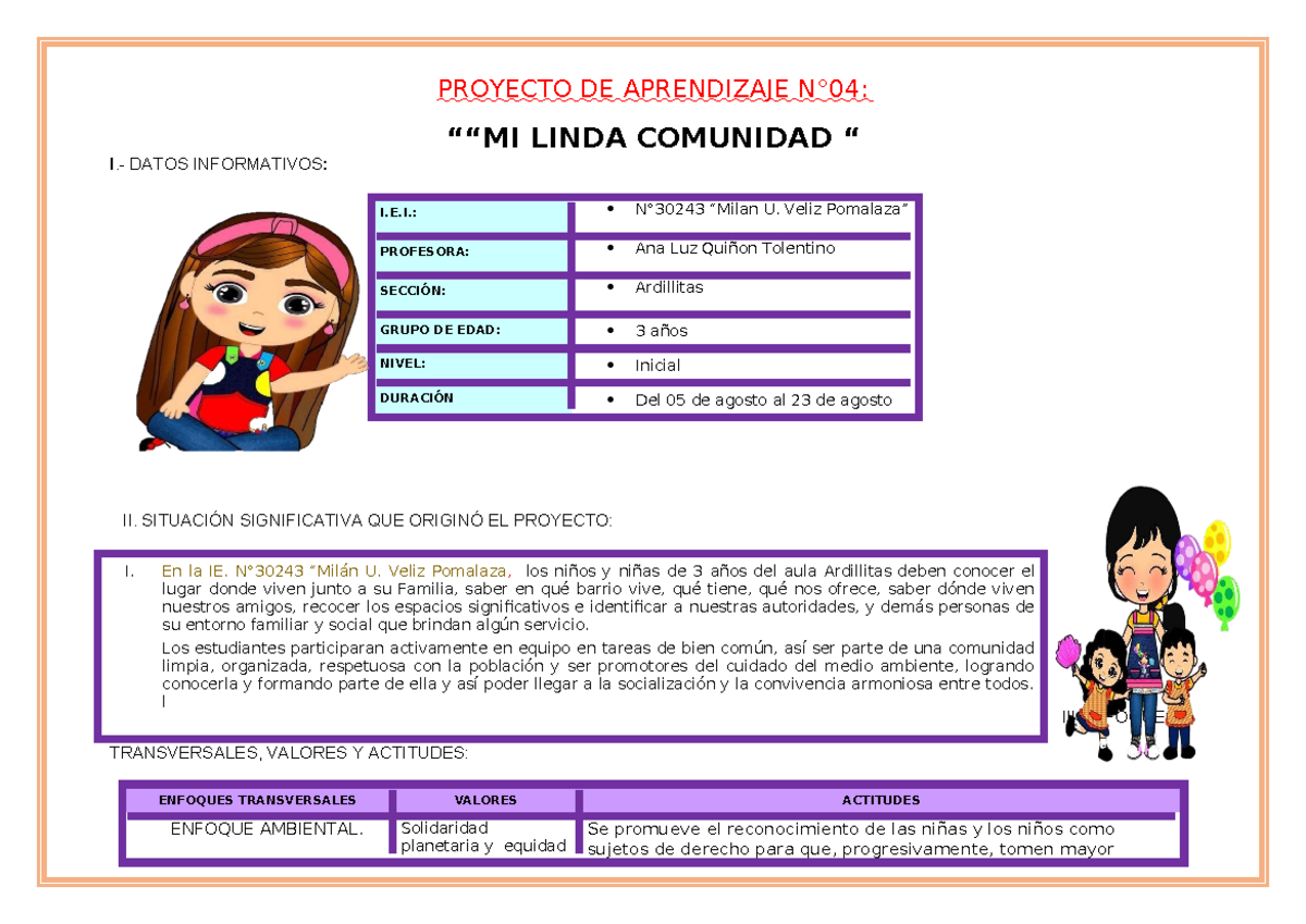 Proyecto de Aprendizaje: Conociendo Nuestra Comunidad - I.E.I. U. Veliz - Studocu