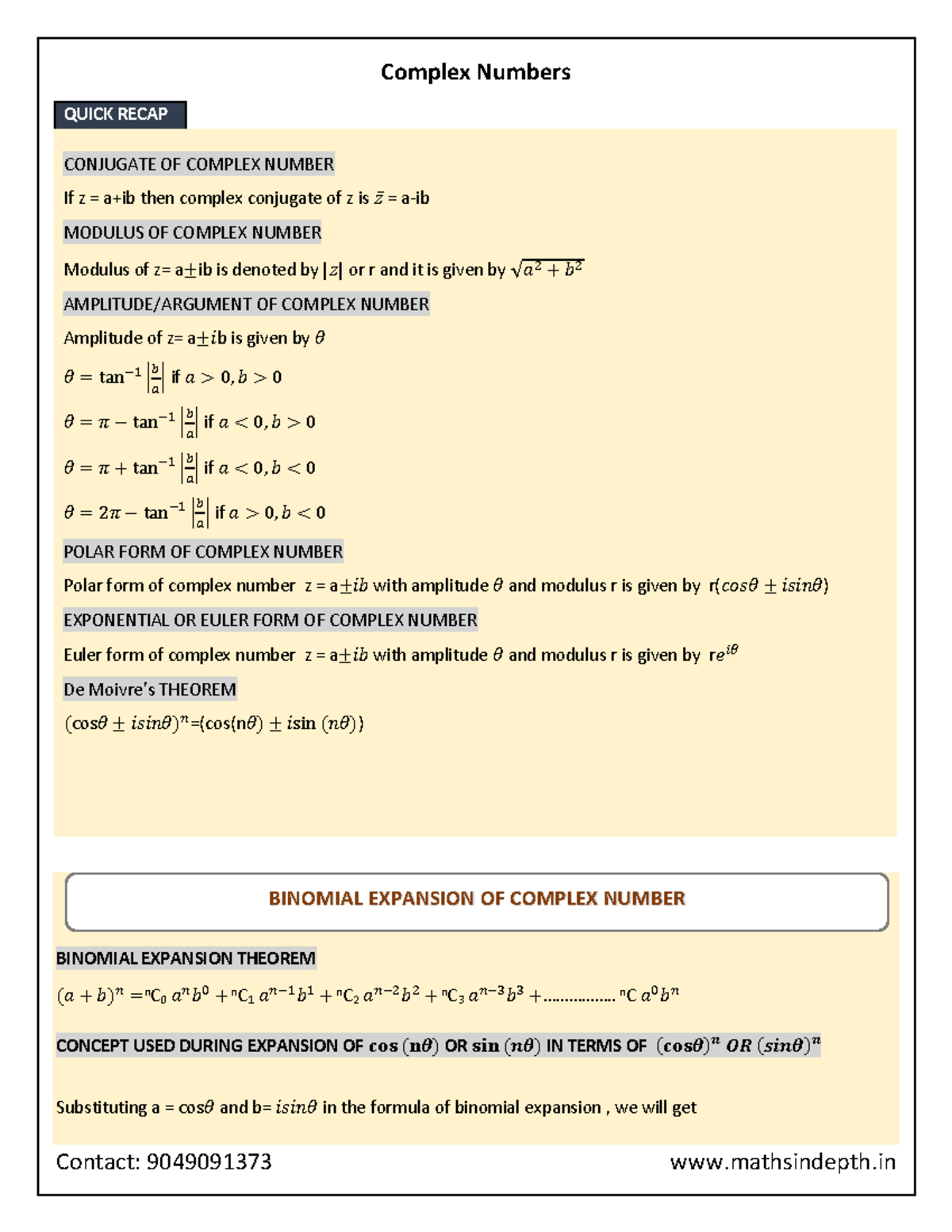 M1 - Summary of Key Concepts in Complex Numbers and Hyperbolic ...