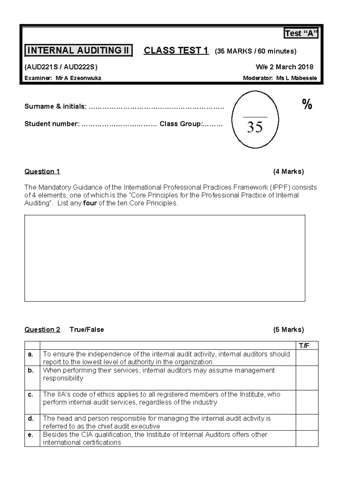 Internal Auditing II Class Test 1 version A 2018 Moderated - Test “A ...
