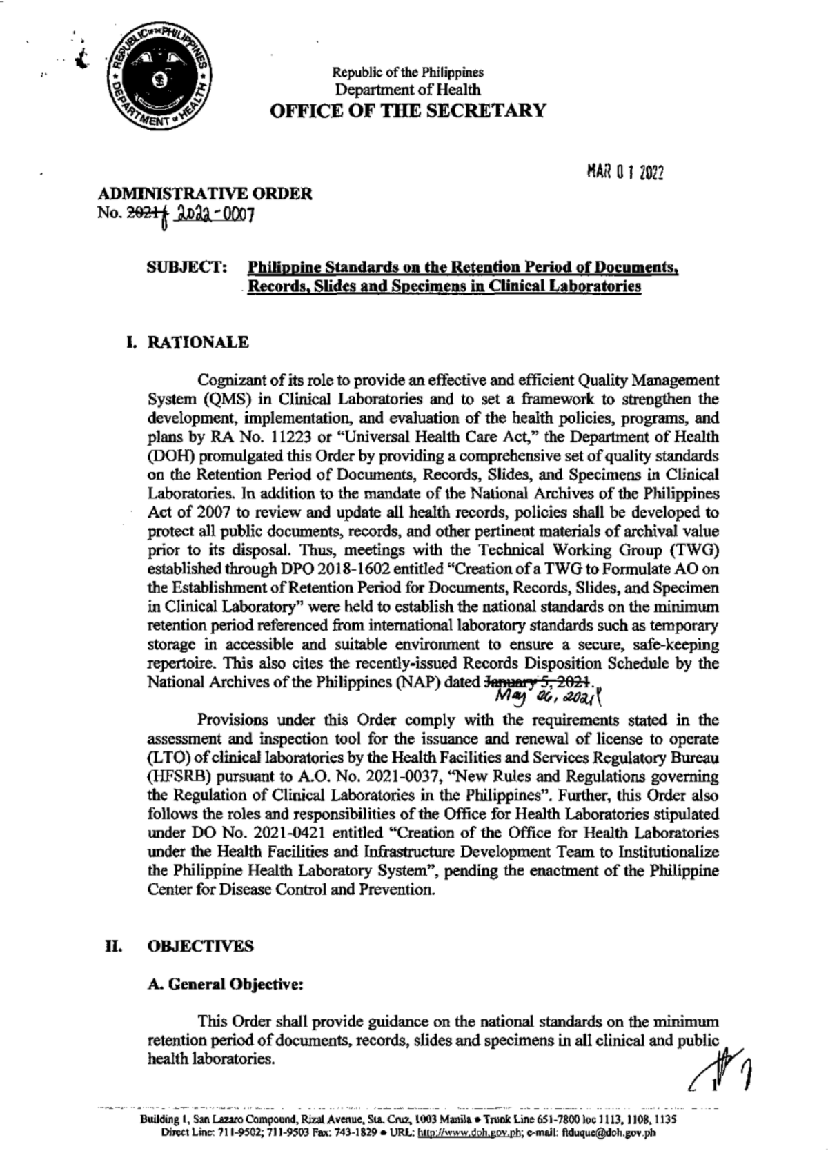 DOH A.O. 2022-0007: Standards for Document Retention in Clinical Labs ...