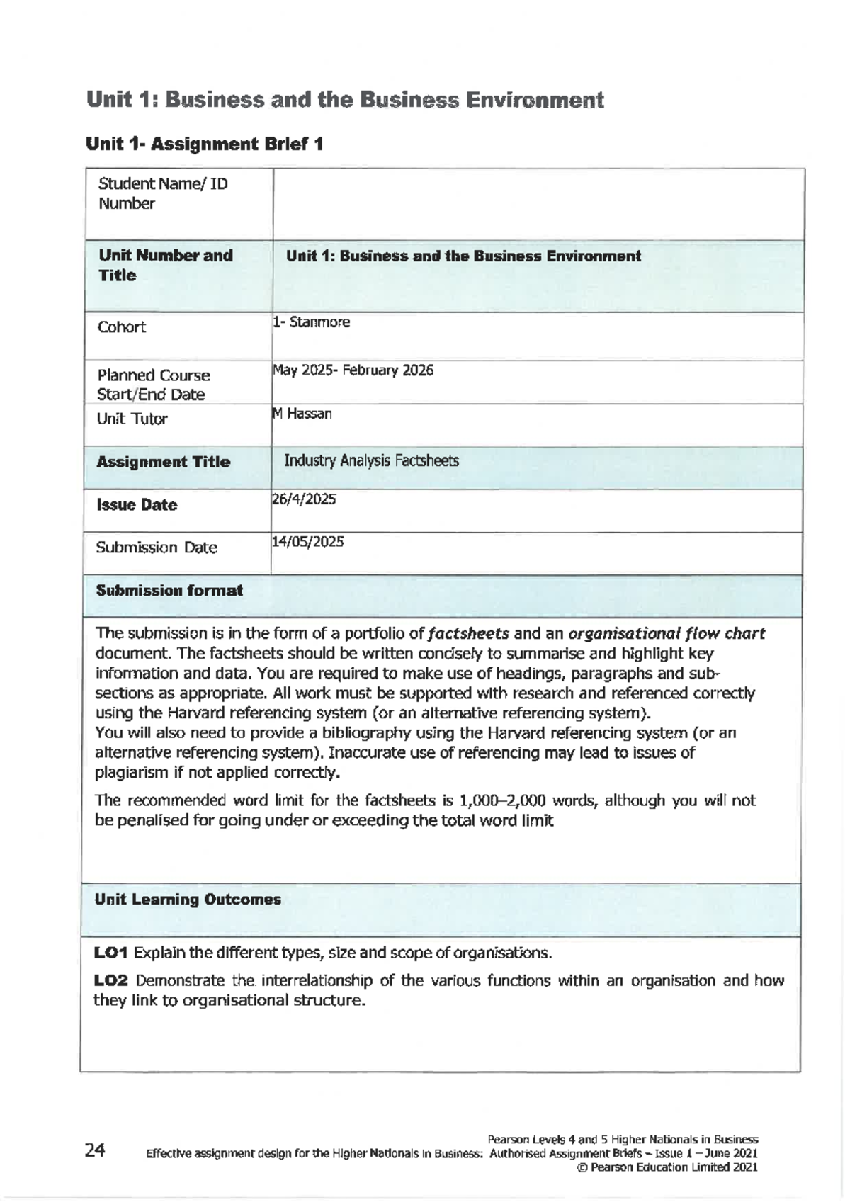 LDT Unit 1 HNC Assignment 1: Industry Analysis & Business Environment Factsheets - Studocu