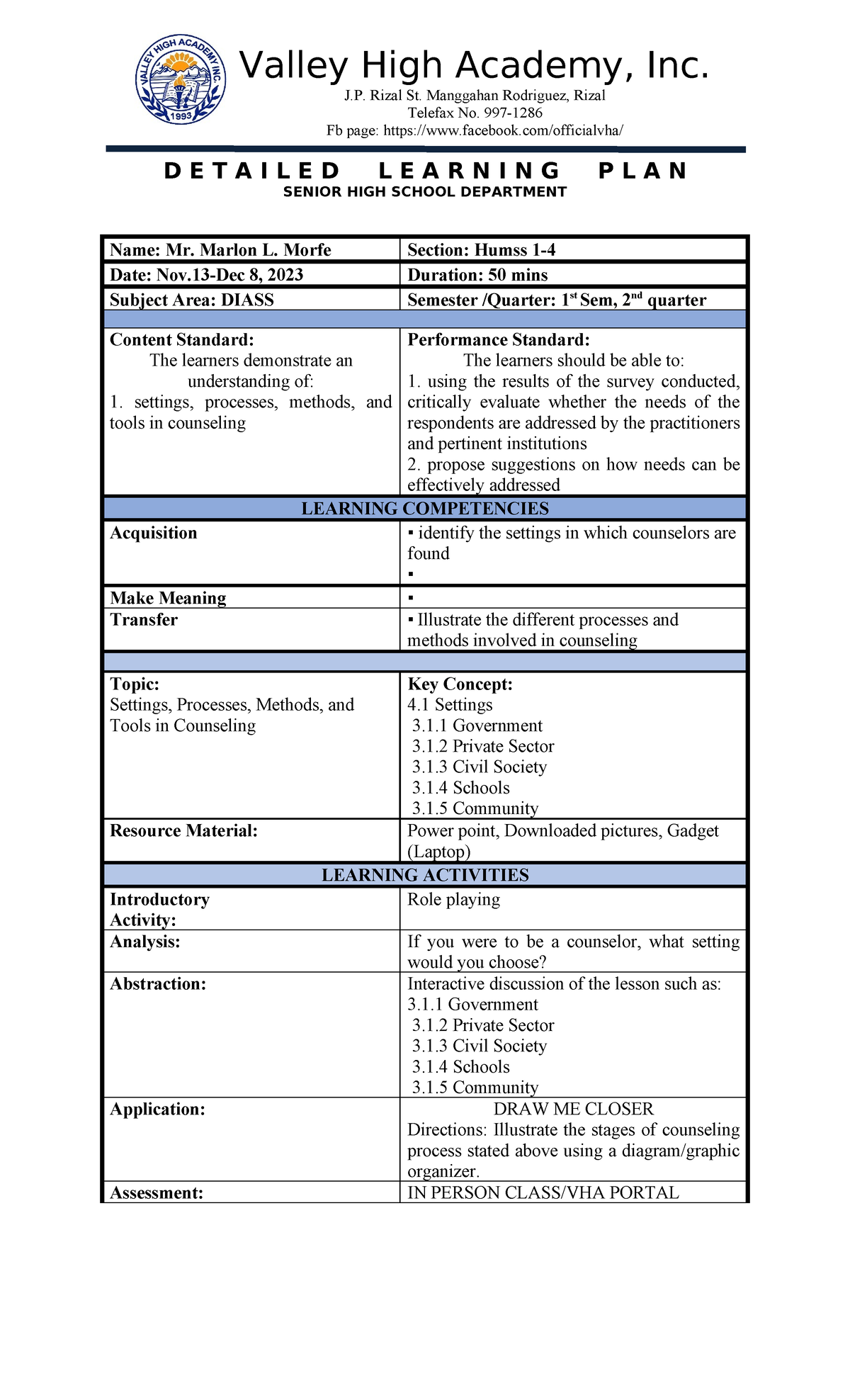 DIASS DLP4: Detailed Learning Plan for Counseling Settings & Processes - Studocu
