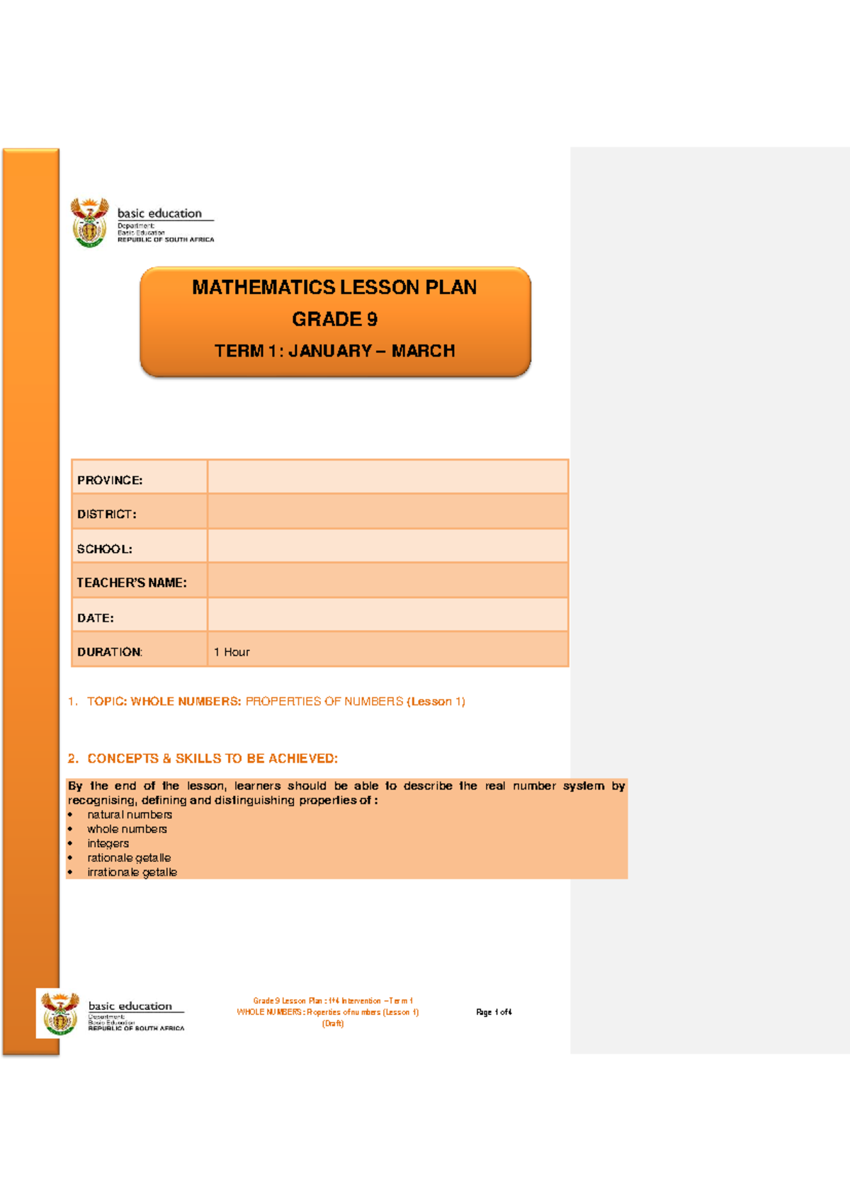Grade 9 Mathematics Lesson Plan: Whole Numbers (Lessons 1-5) Term 1 ...