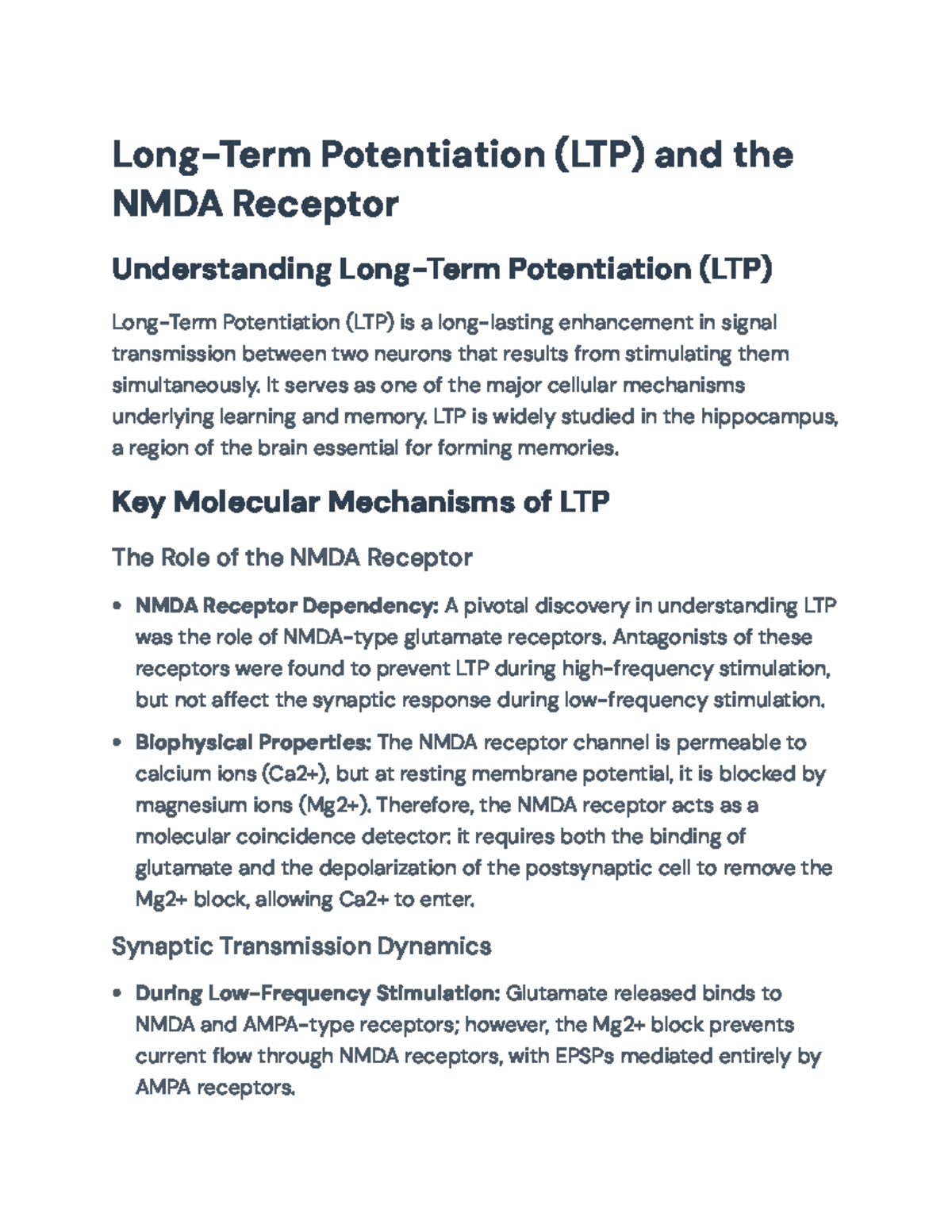 Understanding LTP & NMDA Receptor Mechanisms: Key Insights Explained - Studocu
