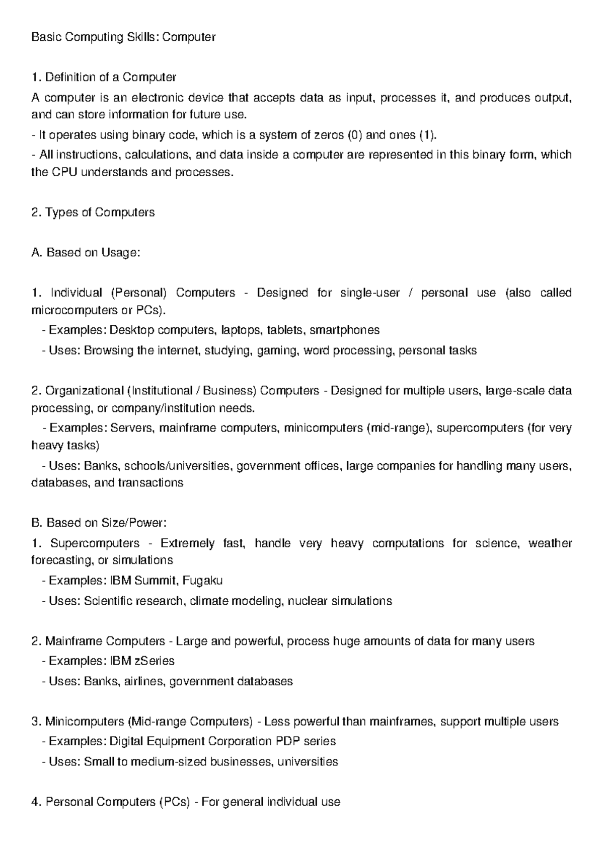 Basic Computing Skills: Computer 1 Overview and Components - Studocu