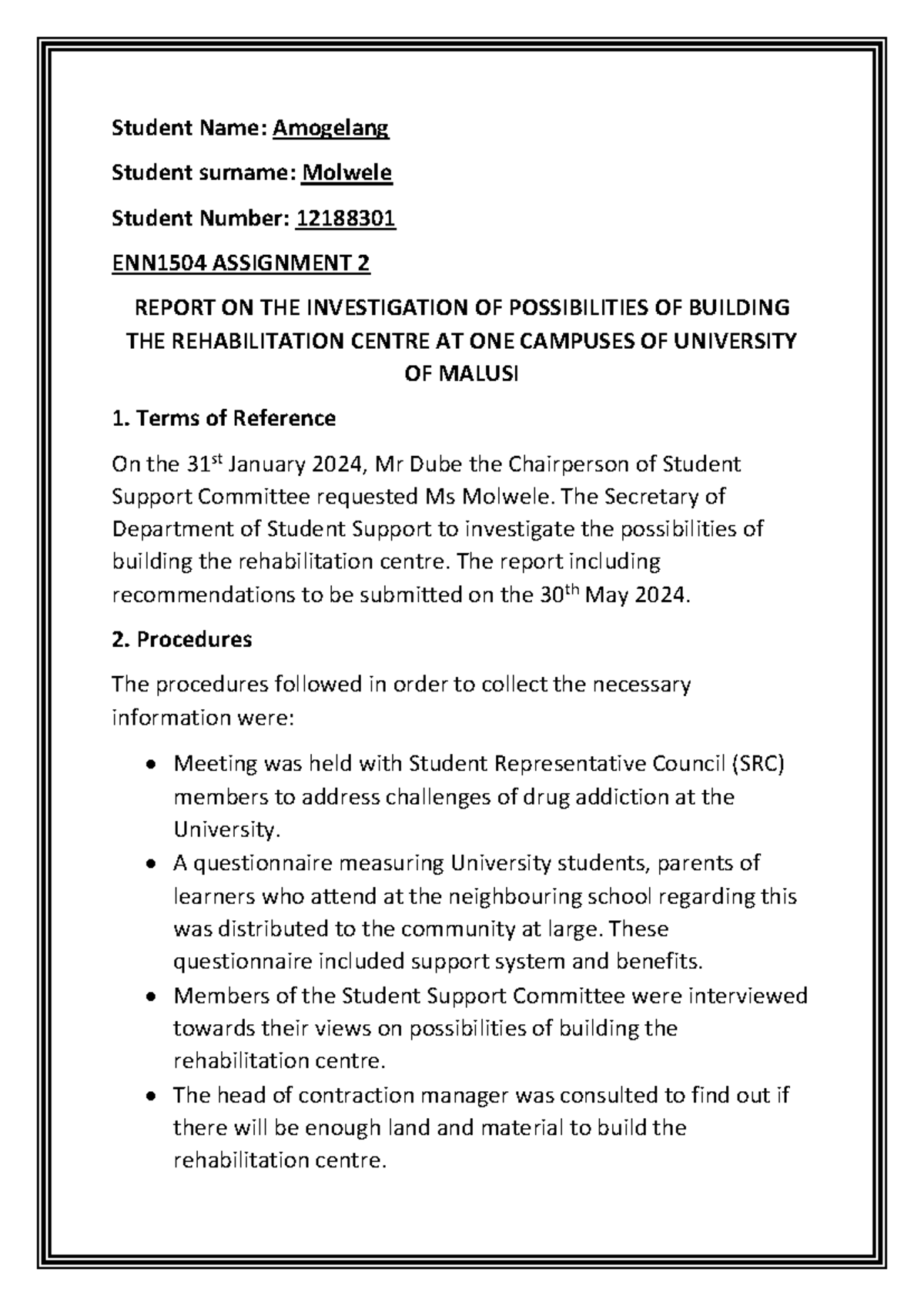ENN1504 Assignment 2 Investigative Report on Rehab Centre Proposal ...