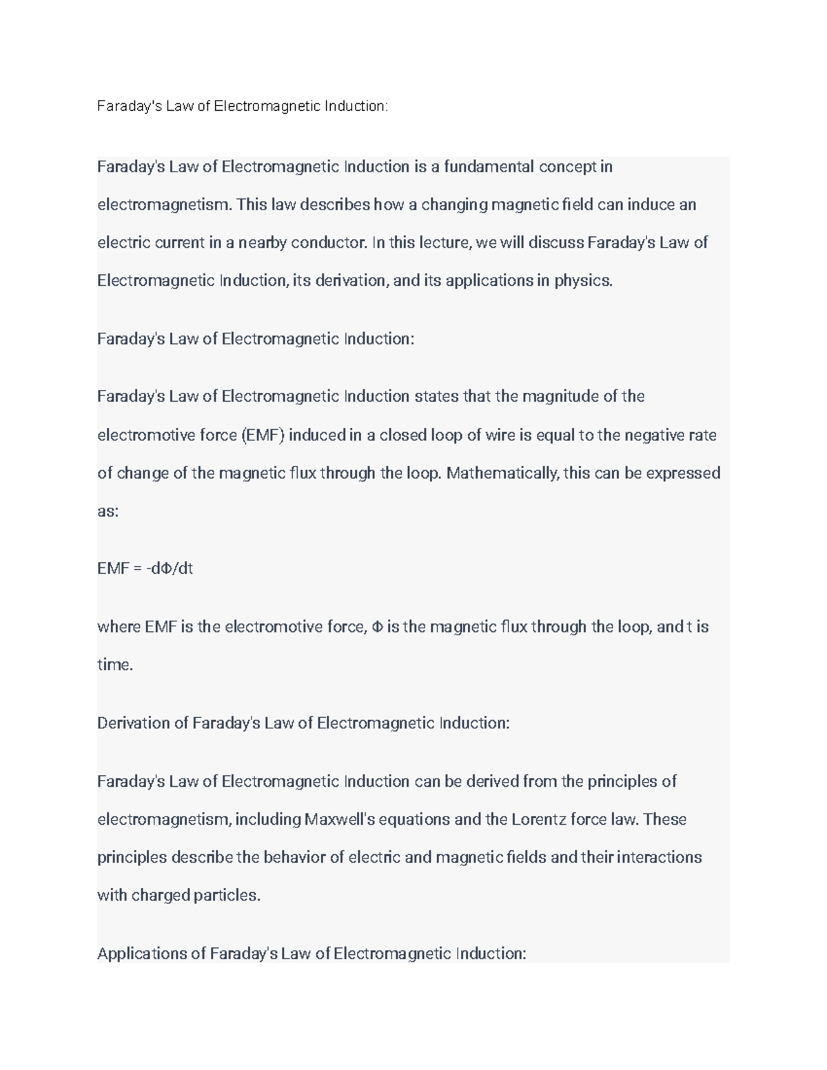 PHYS 201: Faraday's Law of Electromagnetic Induction Lecture Notes ...