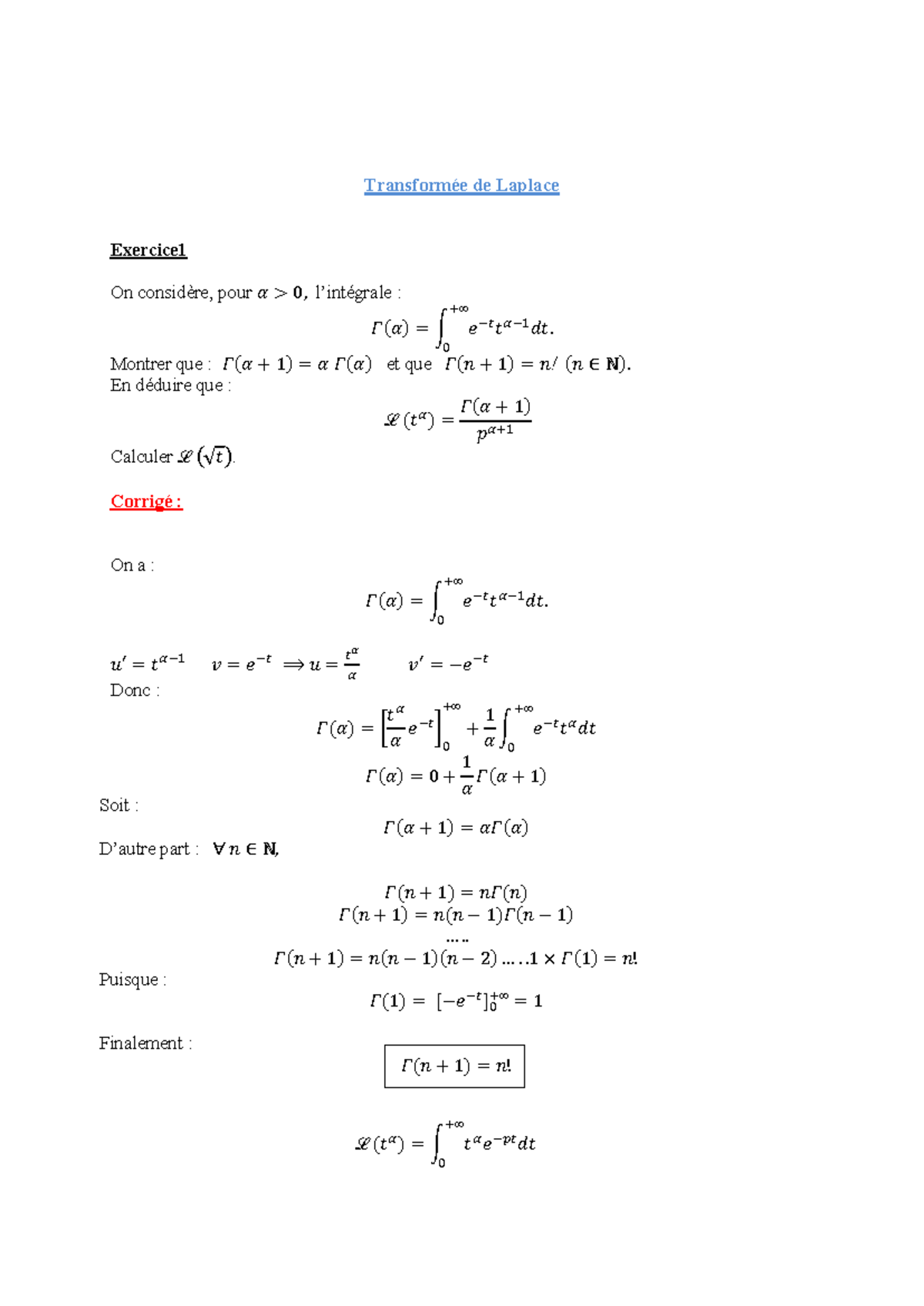 Exercices Corrigés sur la Transformée de Laplace (MAT102) - Studocu