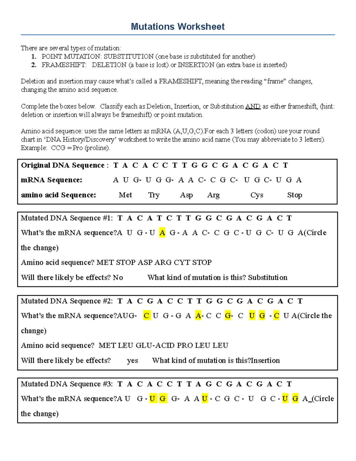 Copy of Mutations Worksheet - Mutations Worksheet There are several ...