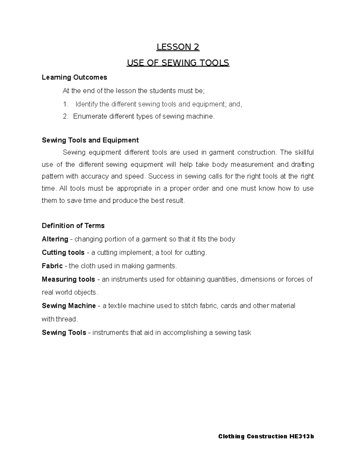 Use of Sewing Tools: Lesson 2 Overview and Key Equipment - Studocu