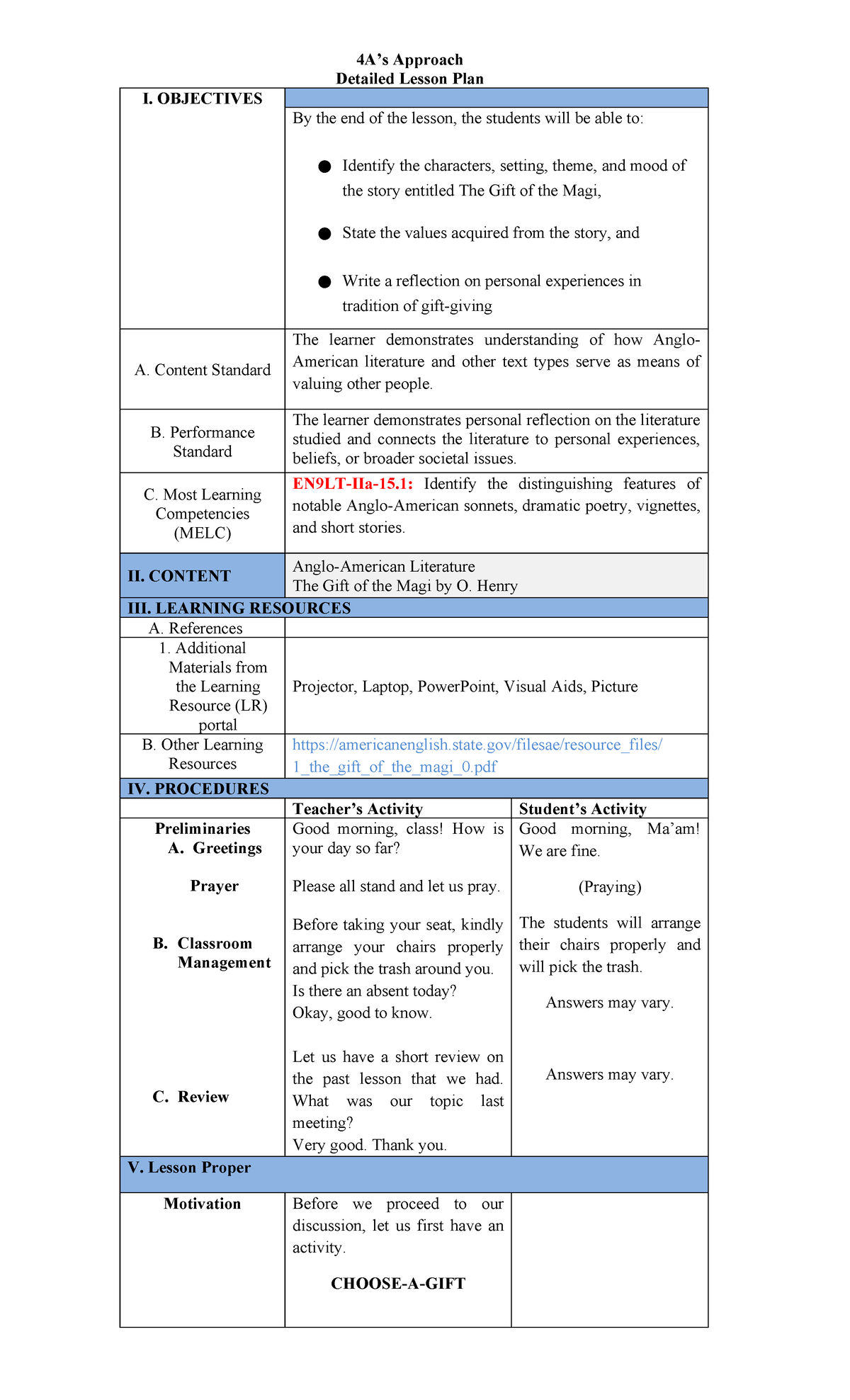 4As Lesson Plan: Exploring "The Gift of the Magi" - EN9LT-IIa-15 - Studocu
