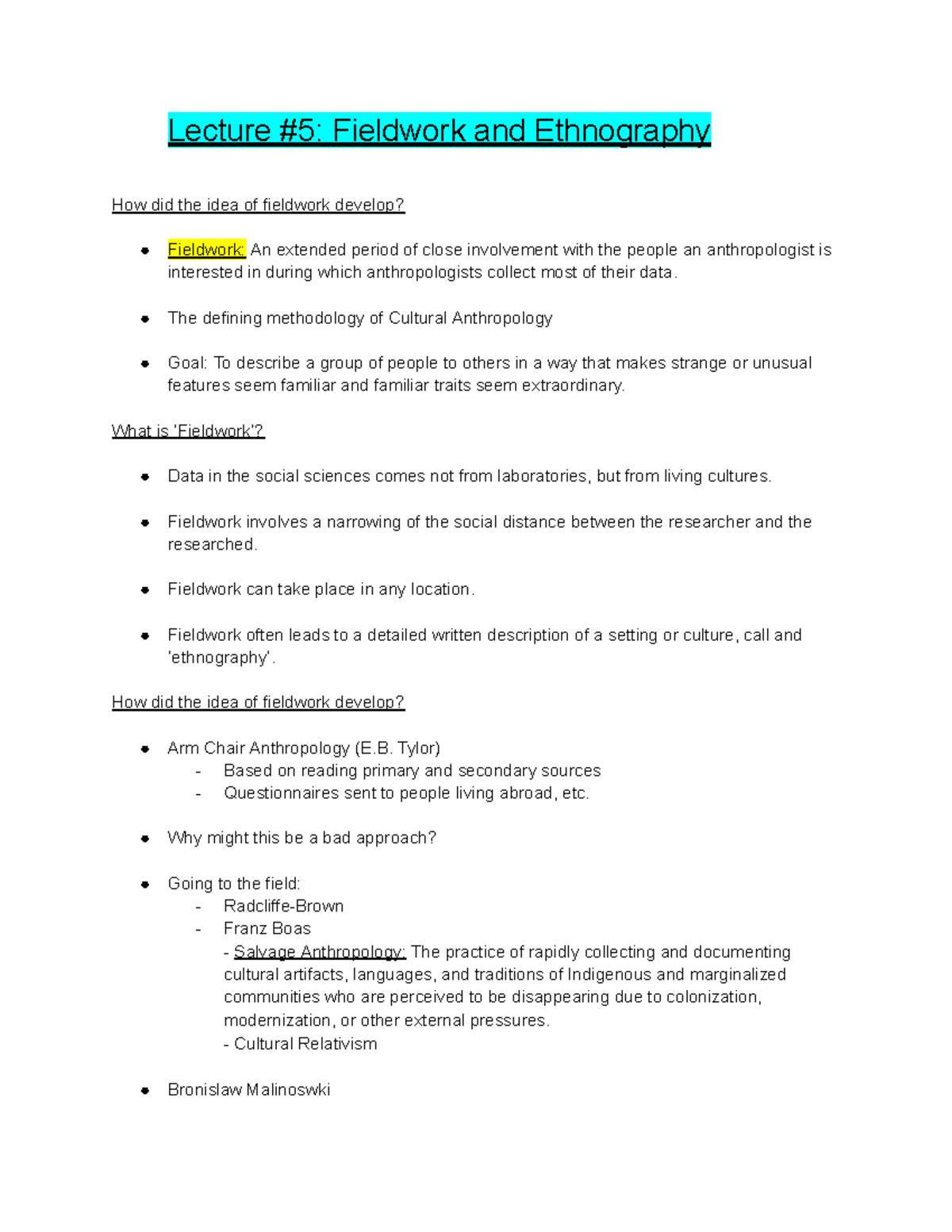 Cultural Anthropology Lecture Notes: Fieldwork & Ethnography Overview ...