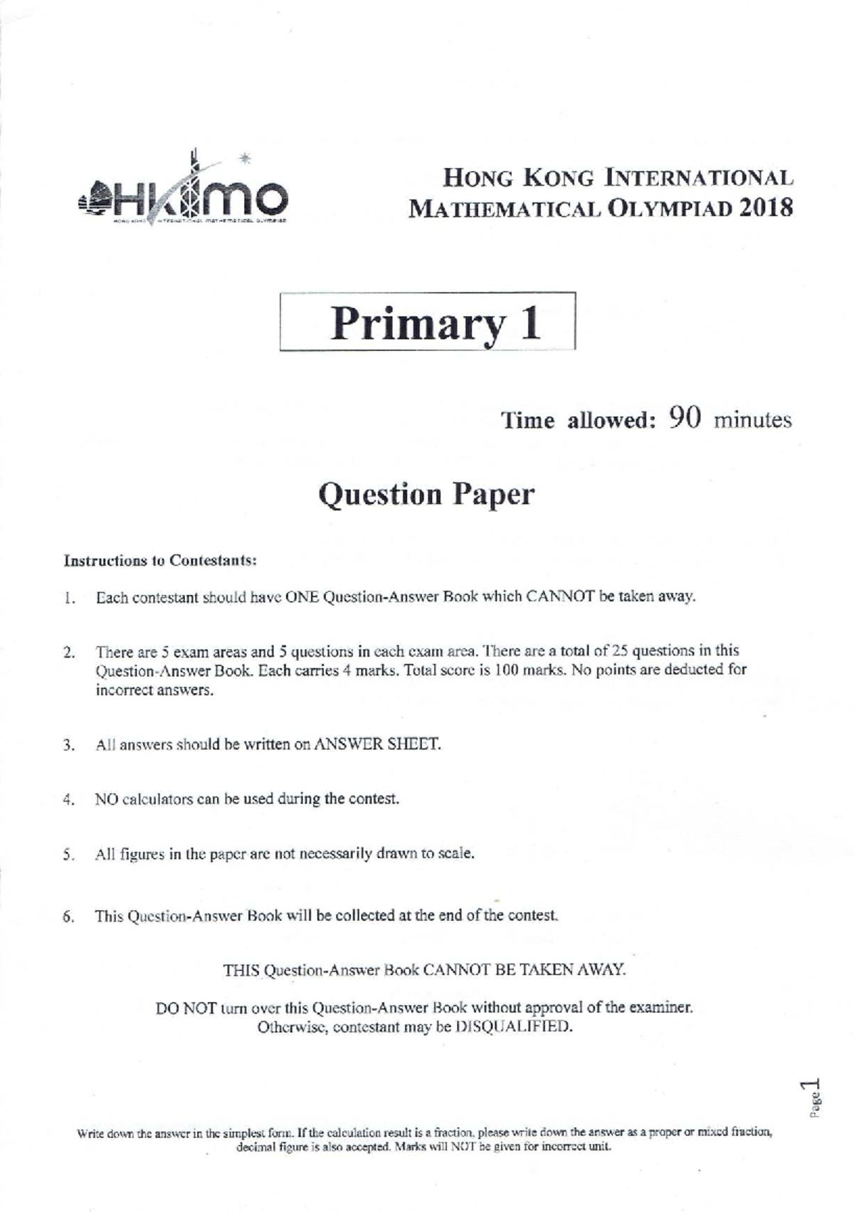 HkIMO 2018 Primary 1 Math Olympiad Question Paper - Studocu