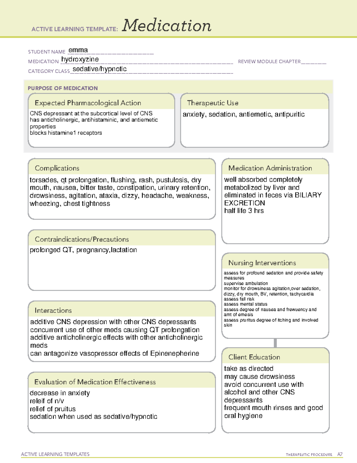 Hydroxyzine Medication Cards - Active Learning Template Review - Studocu