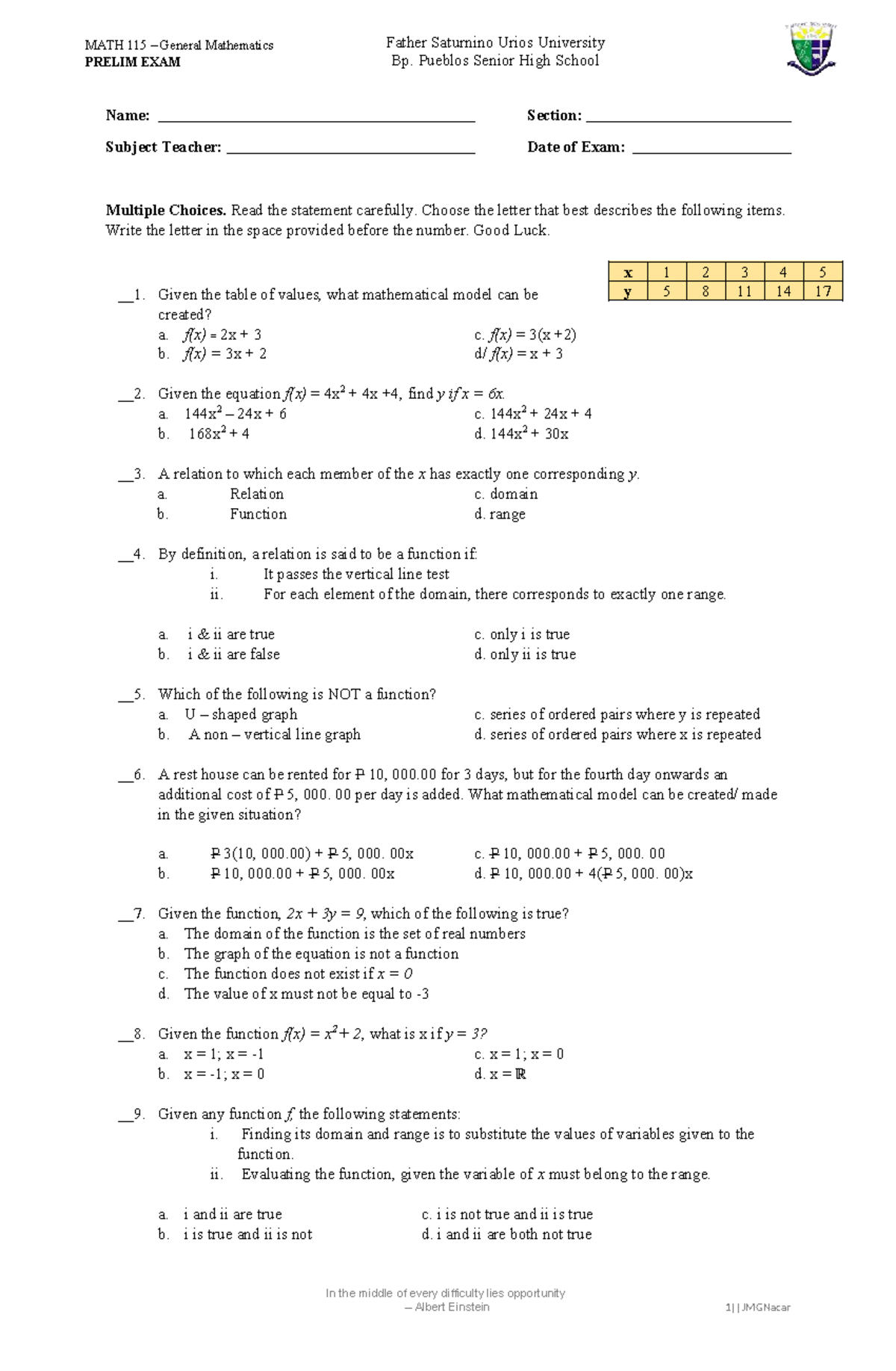 MATH 115 General Mathematics PRELIM EXAM Guide - Father Saturnino Urios ...