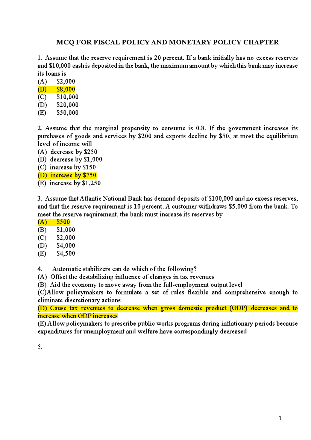 MCQ for Fiscal Policy and Monetary Policy - Chapter 1 Review - Studocu