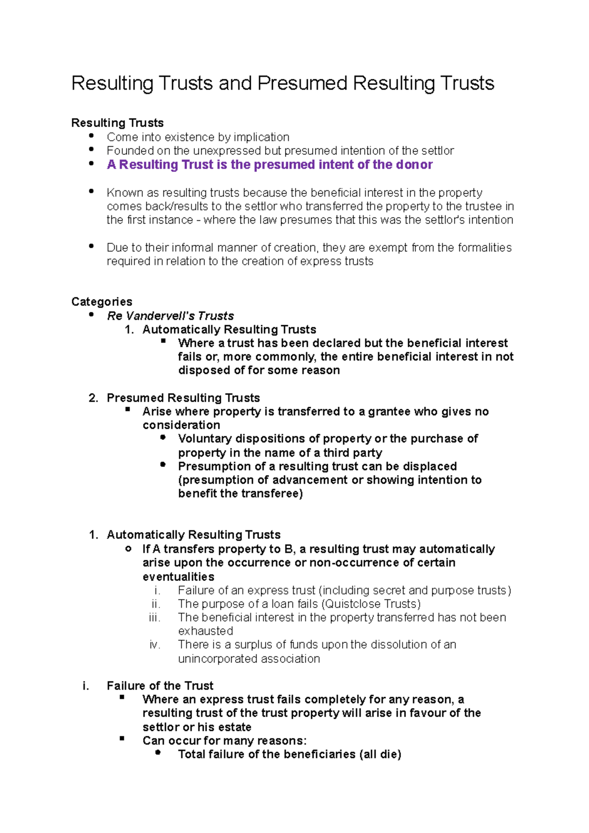 Study Notes on Resulting Trusts and Presumed Resulting Trusts (Law 101 ...
