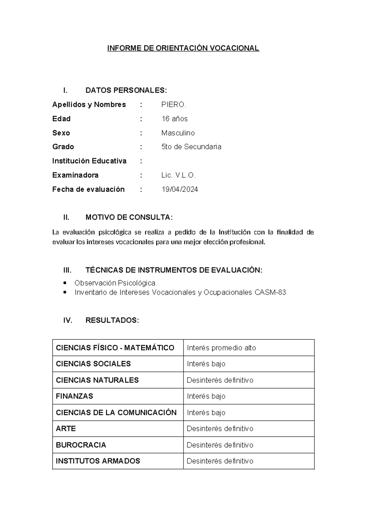 Informe de Orientación Vocacional - Estudio de Intereses Profesionales - Studocu