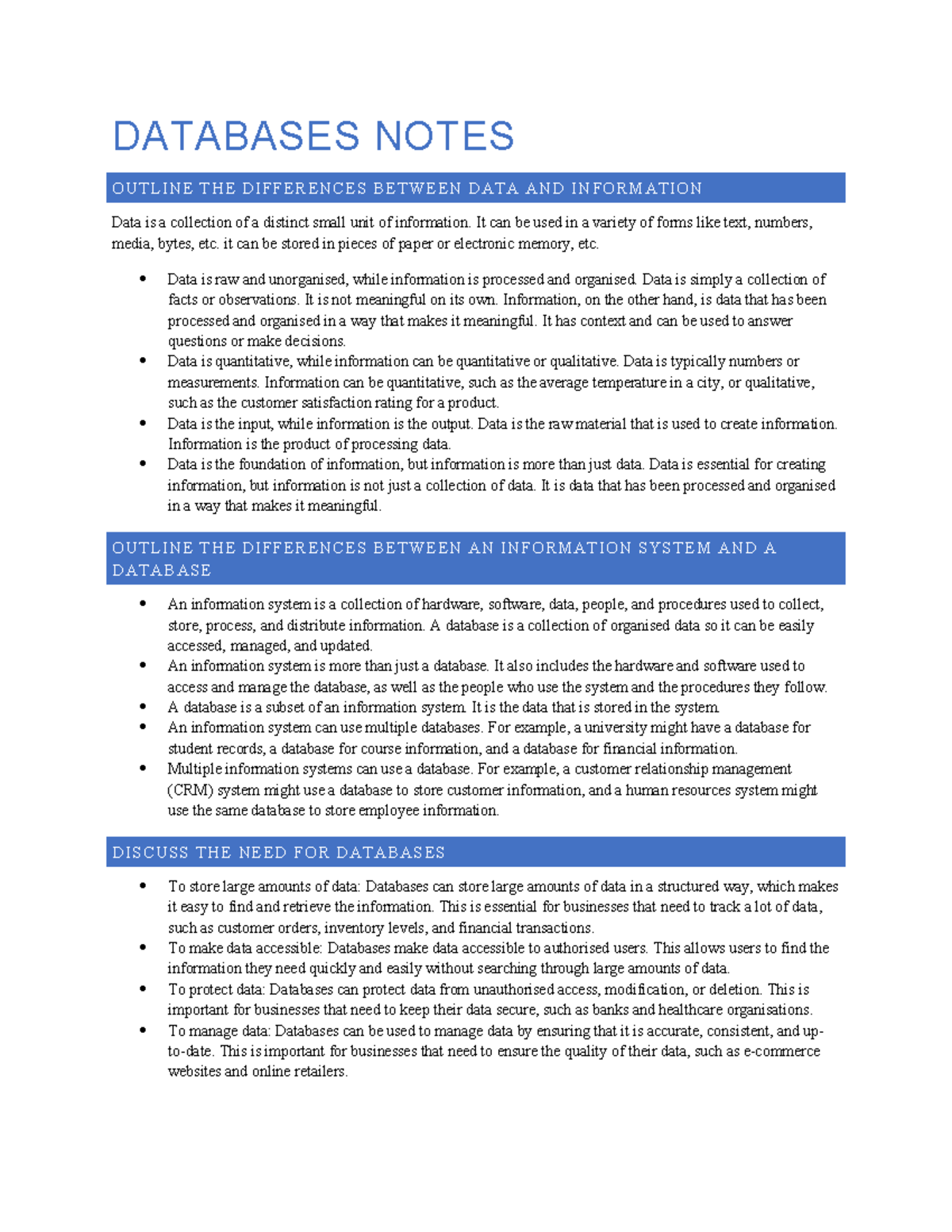 Databases - DATABASES NOTES OUTLINE THE DIFFERENCES BETWEEN DATA AND ...
