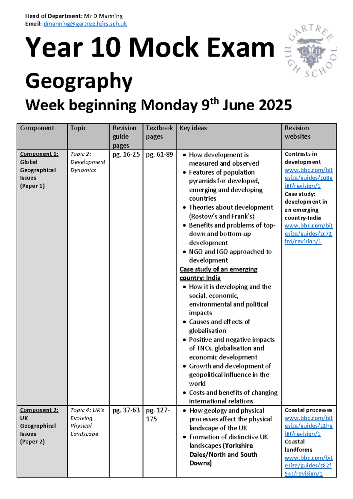Year 10 Geography Mock Exam Overview (2025) Revision Guide - Studocu
