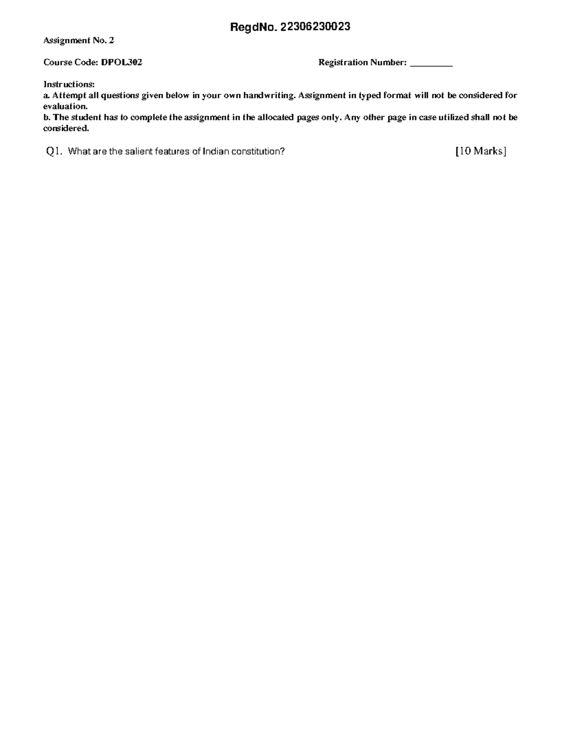 DPOL302 Assignment No. 2: Salient Features of Indian Constitution - Studocu