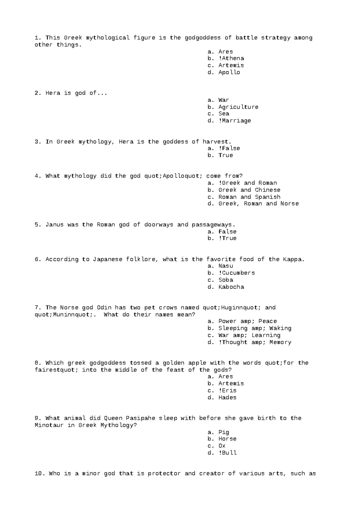 BMED121 Greek Mythology Quiz Answer Key - Studocu