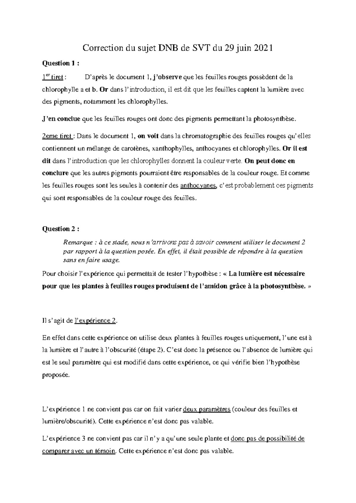 Correction du sujet DNB SVT 29 juin 2021 - Analyse et Réponses - Studocu