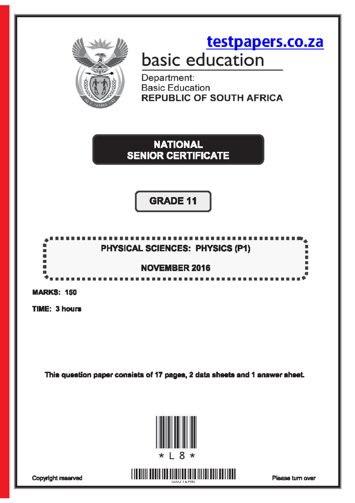 Gr11 PHY P1 Nov 2016 Question Paper and Marking Guide - Studocu