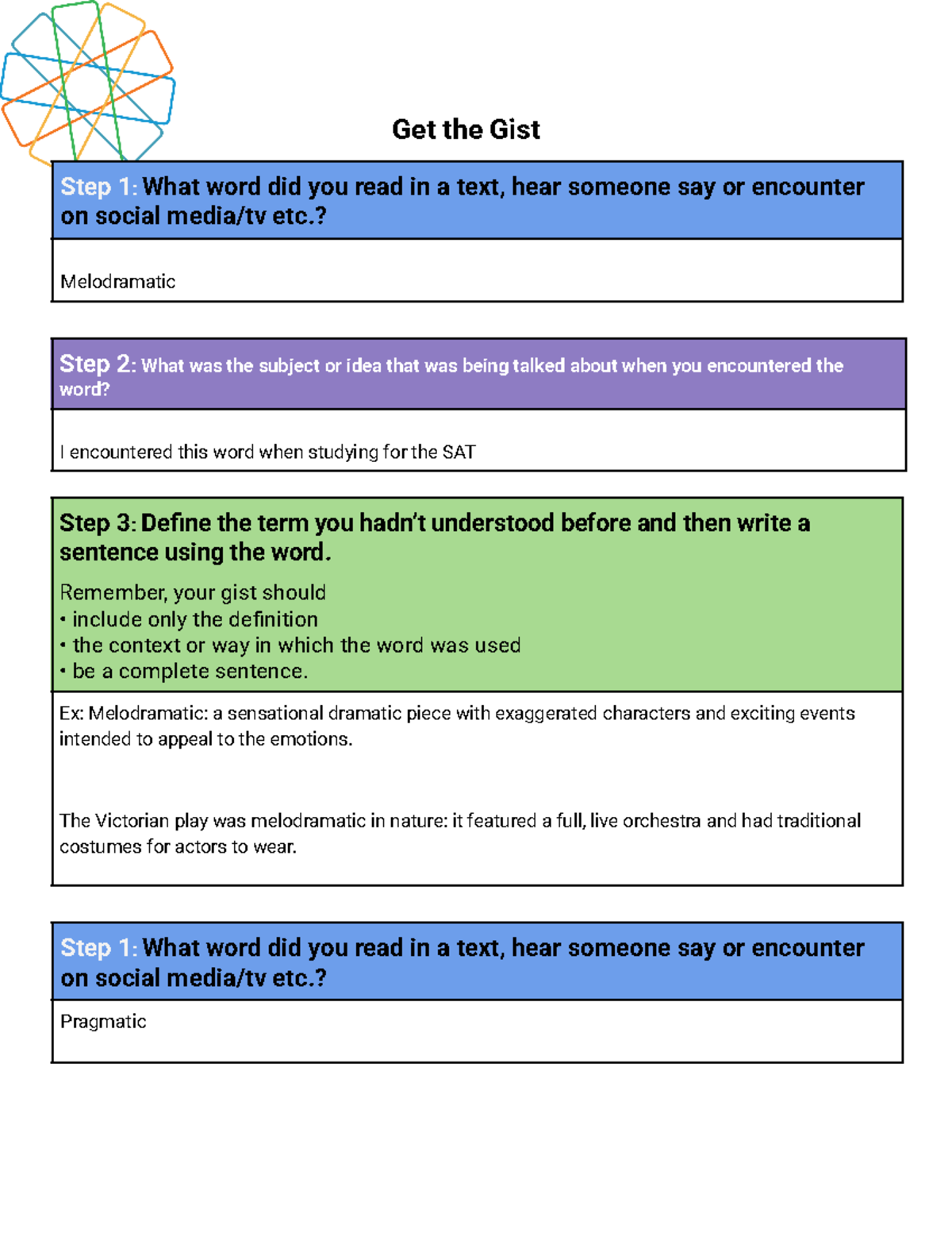 Word Worksheet - Words - Get the Gist Step 1: What word did you read in ...