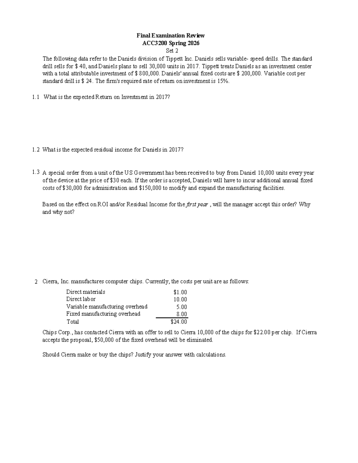 Final Exam Review ACC3200 Spring 2026: Practice Set 2 - Studocu