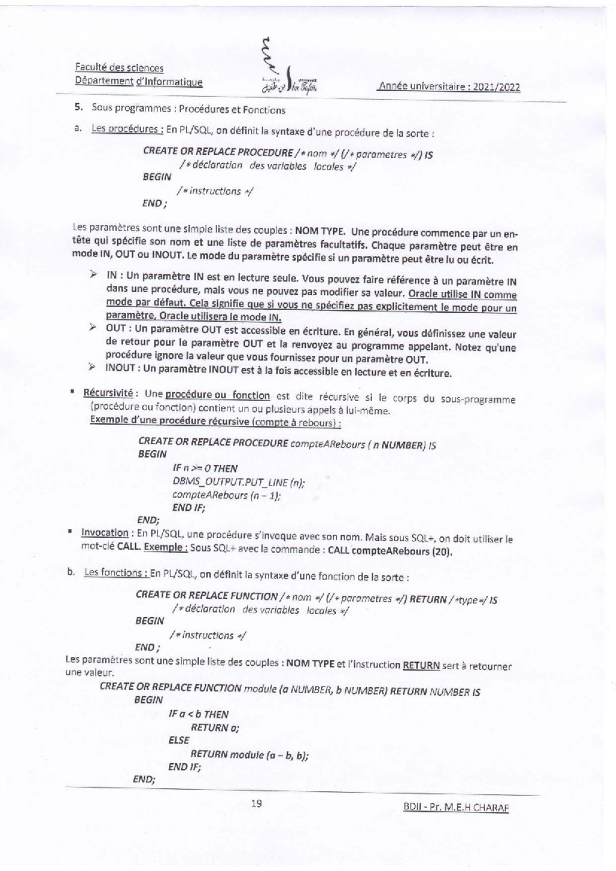 Cours BDII - Partie 3 : Procédures, Fonctions et Transactions - Studocu