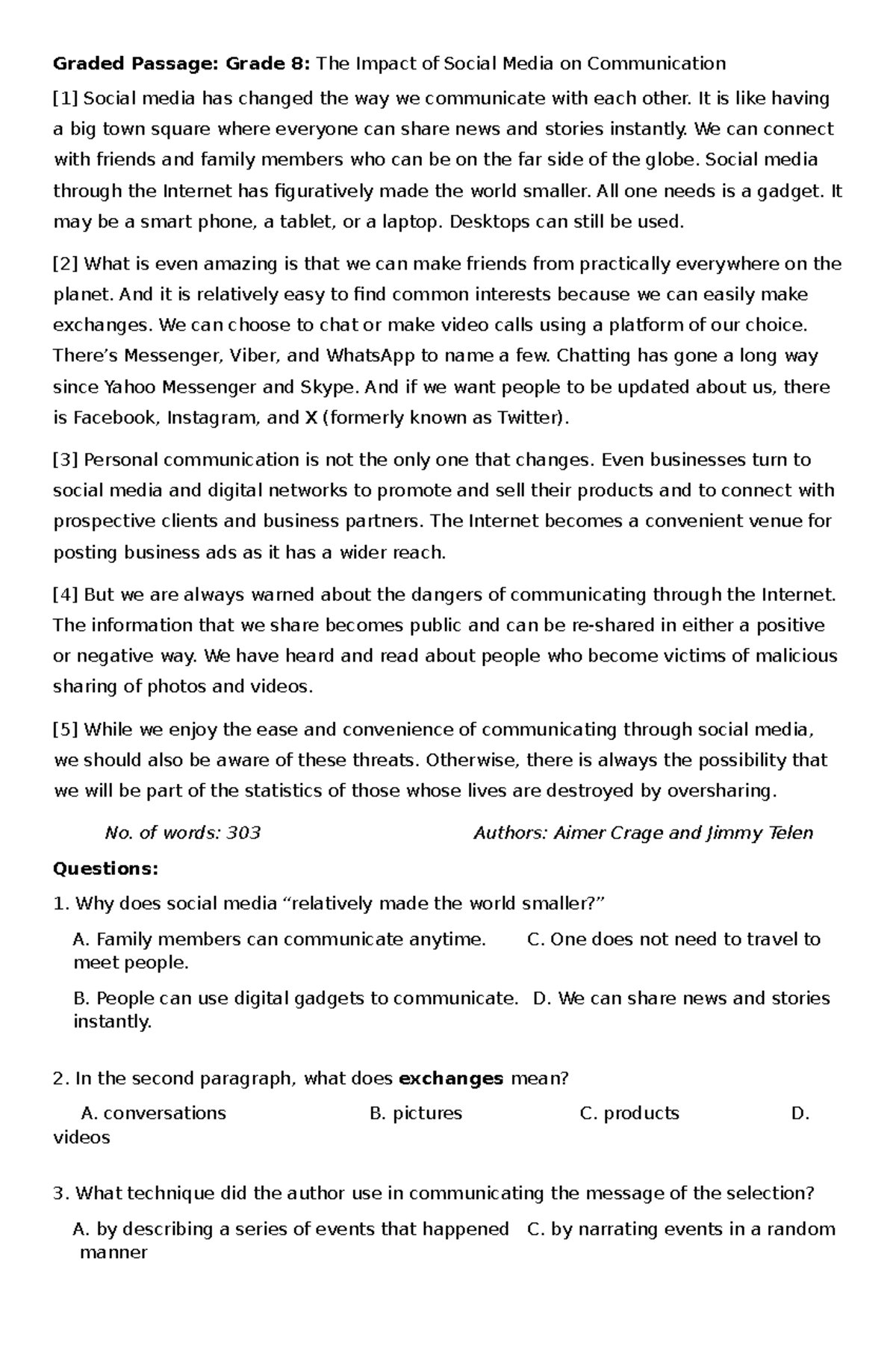 Grade 8 Graded Passage: The Impact of Social Media on Communication ...