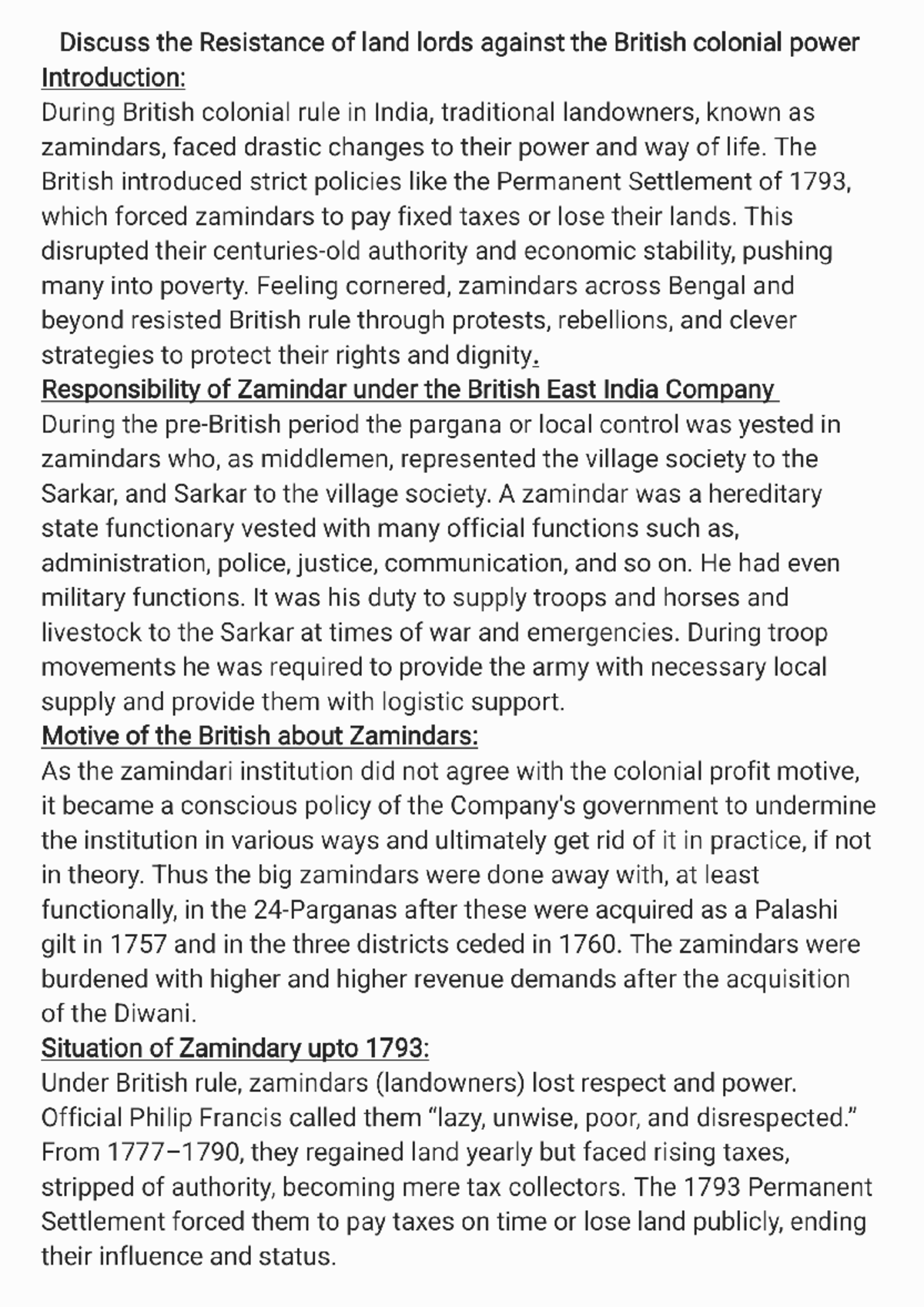 ZAM 101: Resistance of Zamindars Against British Colonial Rule - Studocu