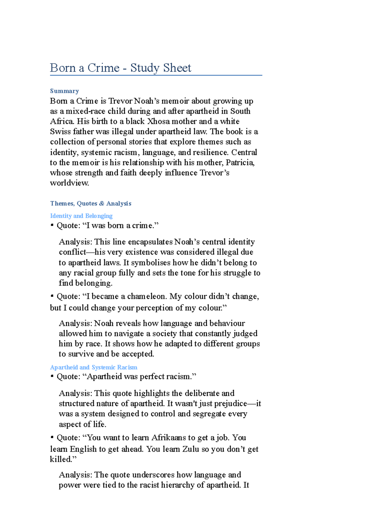 Born a Crime (ENG 101) Study Sheet: Themes & Quotes Analysis - Studocu