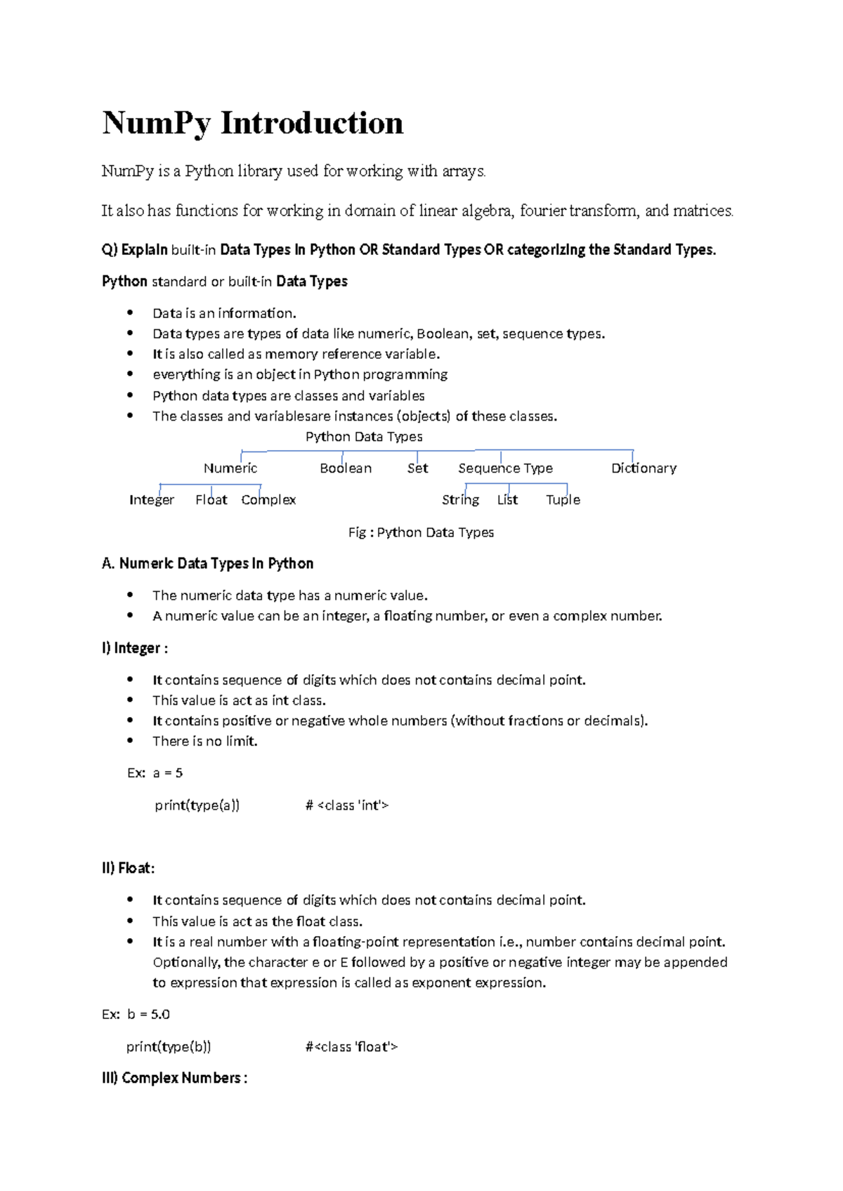 BCA Unit 3: Introduction to NumPy and Python Data Types - Studocu