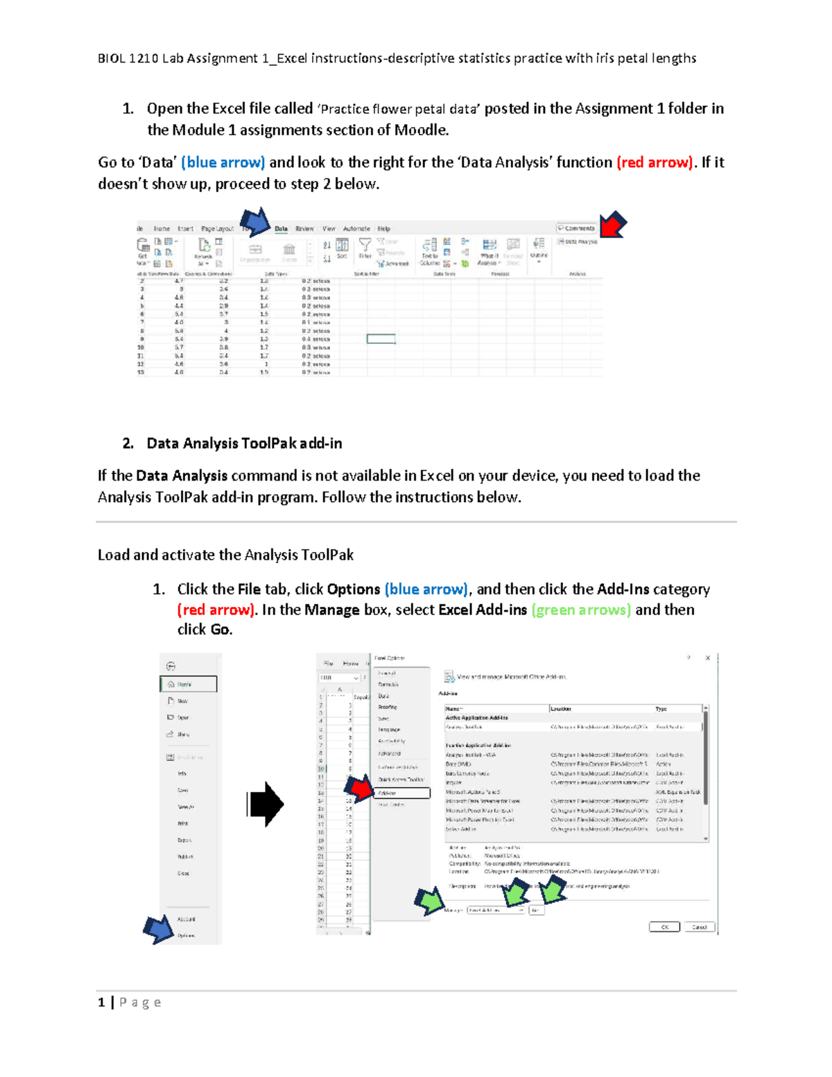 BIOL 1210 Lab Assignment 1: Excel Descriptive Stats with Iris Data ...