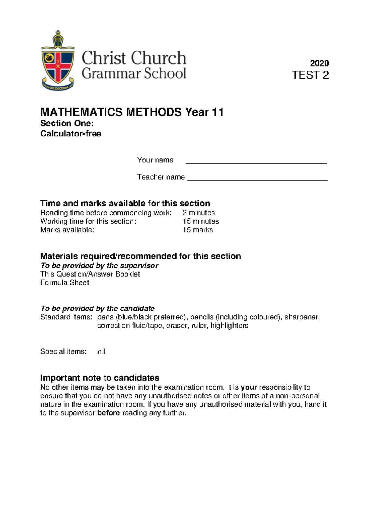2020 Year 11 MAM Test 2 Section One: Mathematics Methods - Studocu