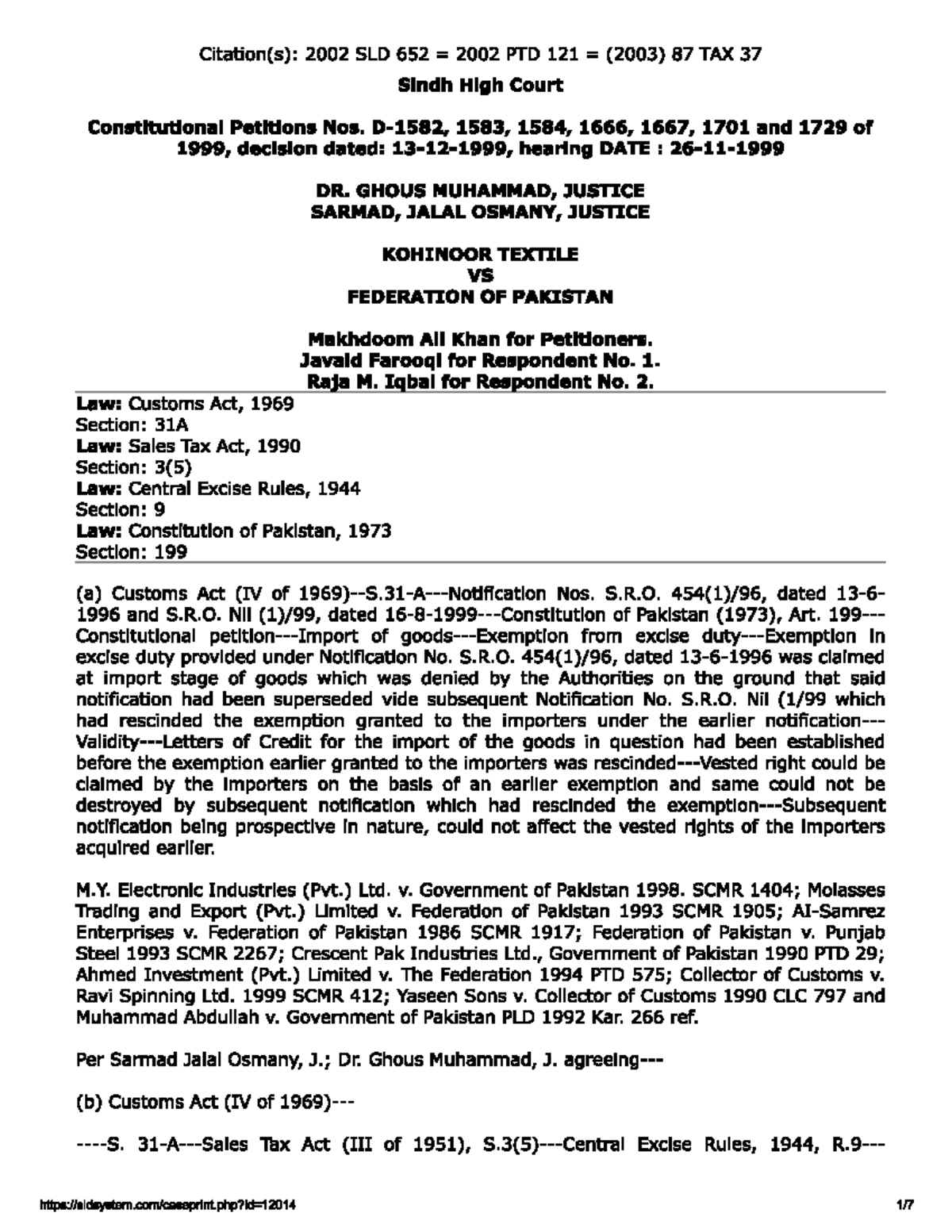 Constitutional Petitions Analysis: Customs & Sales Tax Law (2003) 87 ...