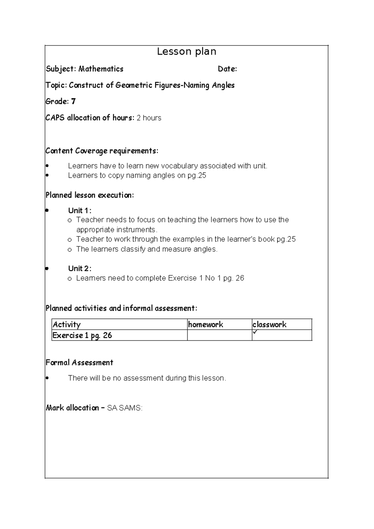 WK-2 Lesson Plan: Constructing Geometric Angles for Grade 7 - Studocu