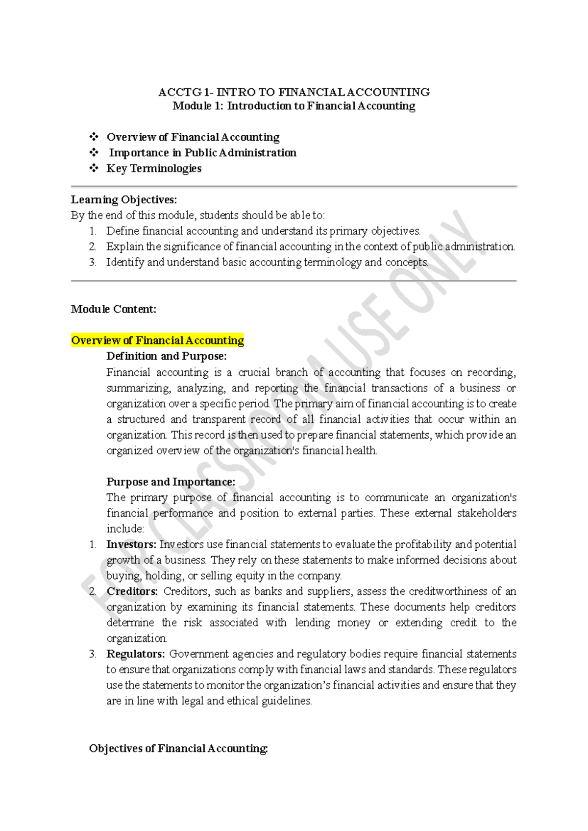 ACCTG 101: Module 1 - Intro to Financial Accounting Overview and ...