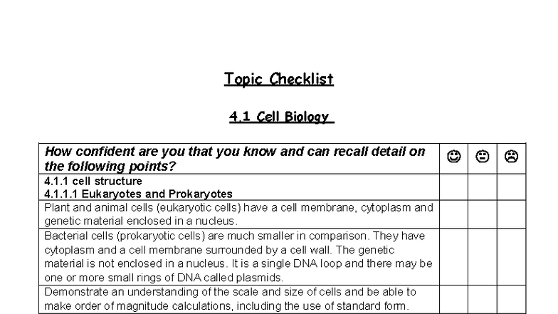 Cells Checklist 4.1: Understanding Cell Biology Concepts - Studocu