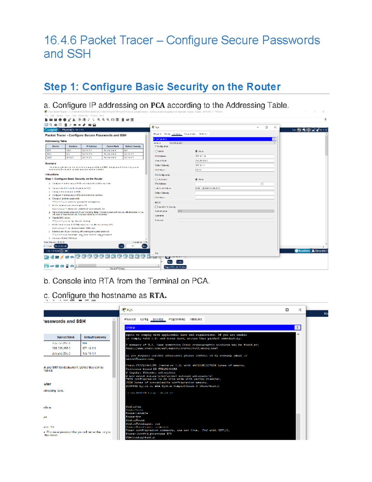 Lab 9 - Packet Tracer 16.4.6: Configuring Secure Passwords & SSH - Studocu
