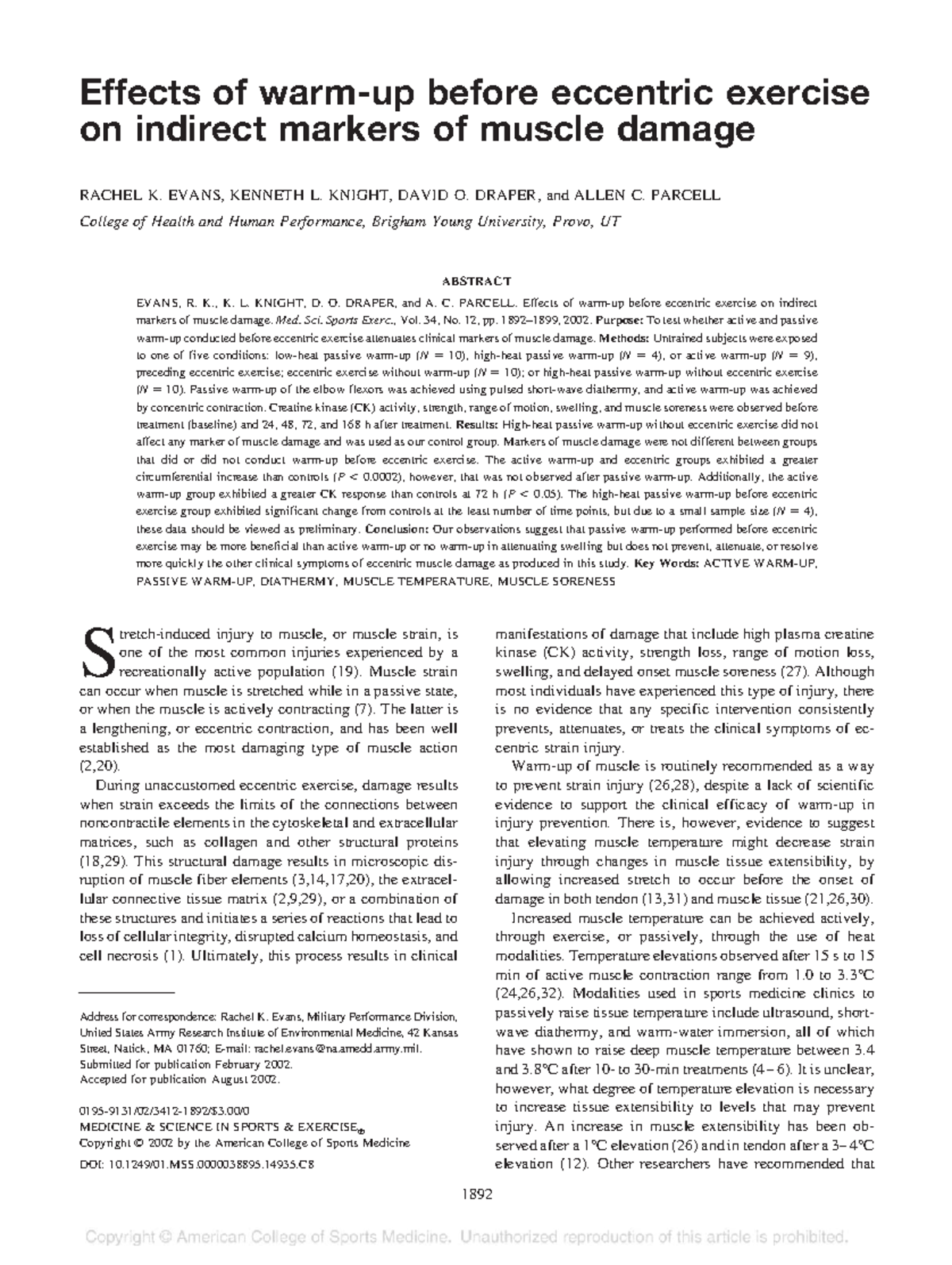 Effects of Warm-Up on Muscle Damage Markers in Eccentric Exercise - Studocu
