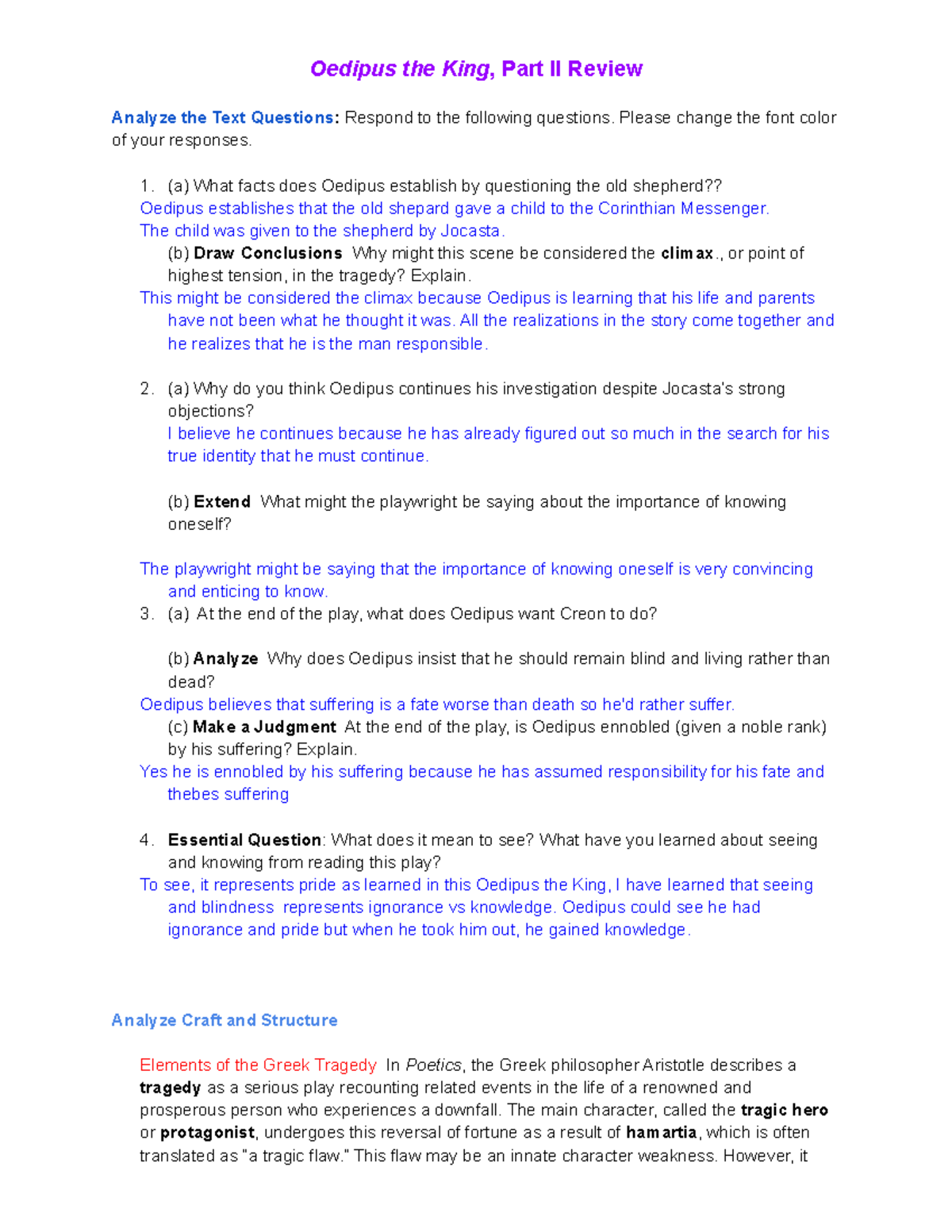 Oedipus the King Part II Analysis Questions - Study Guide - Studocu