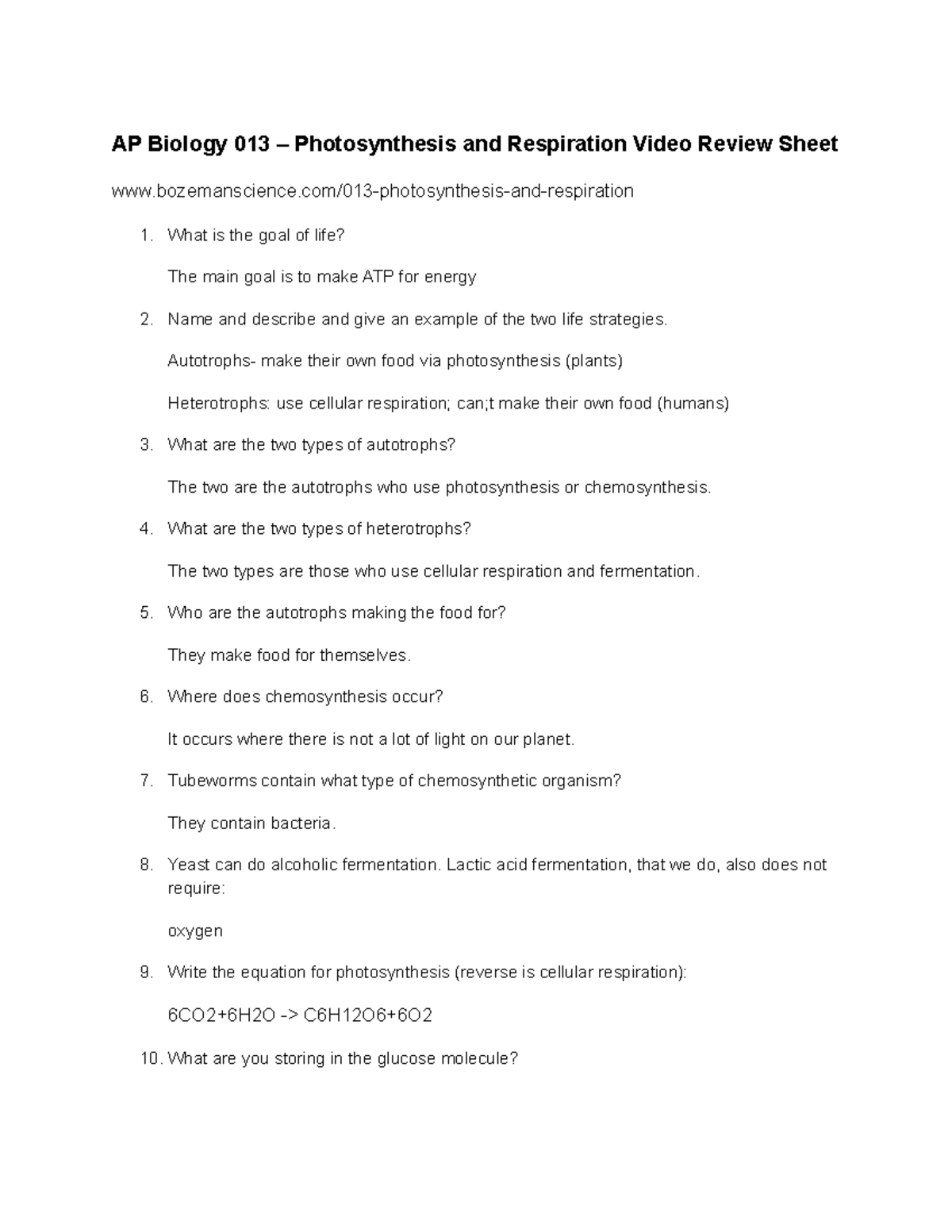 AP Biology 013: Photosynthesis & Respiration Video Review Guide - Studocu