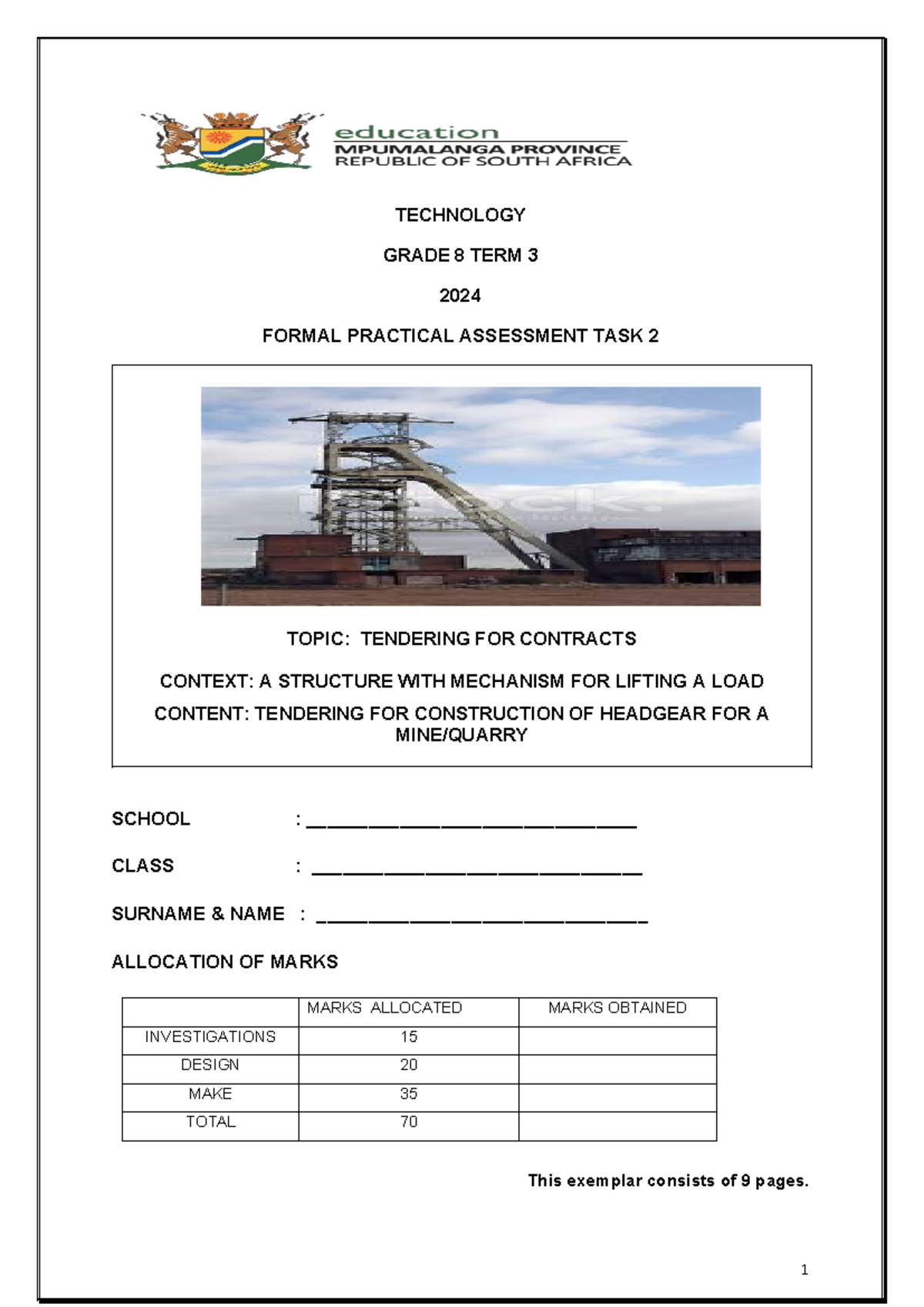 Technology Grade 8 PAT 2 Term 3 2024: Tendering for Mine Headgear - Studocu